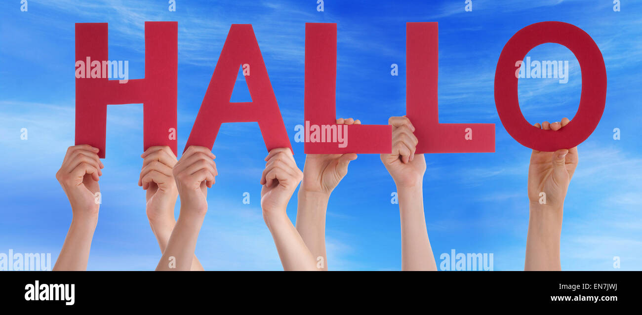 People Holding Straight Word Hallo Means Hello Sky Stock Photo - Alamy