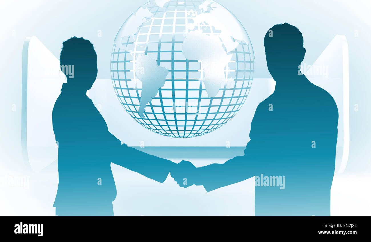 Composite image of smiling business people shaking hands while looking ...