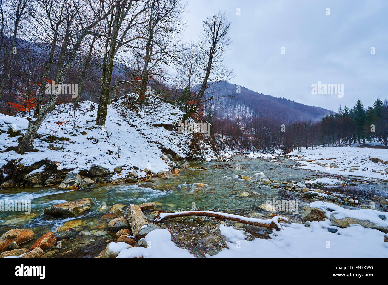 Winter mountain landscape with river flowing through the valley Stock ...