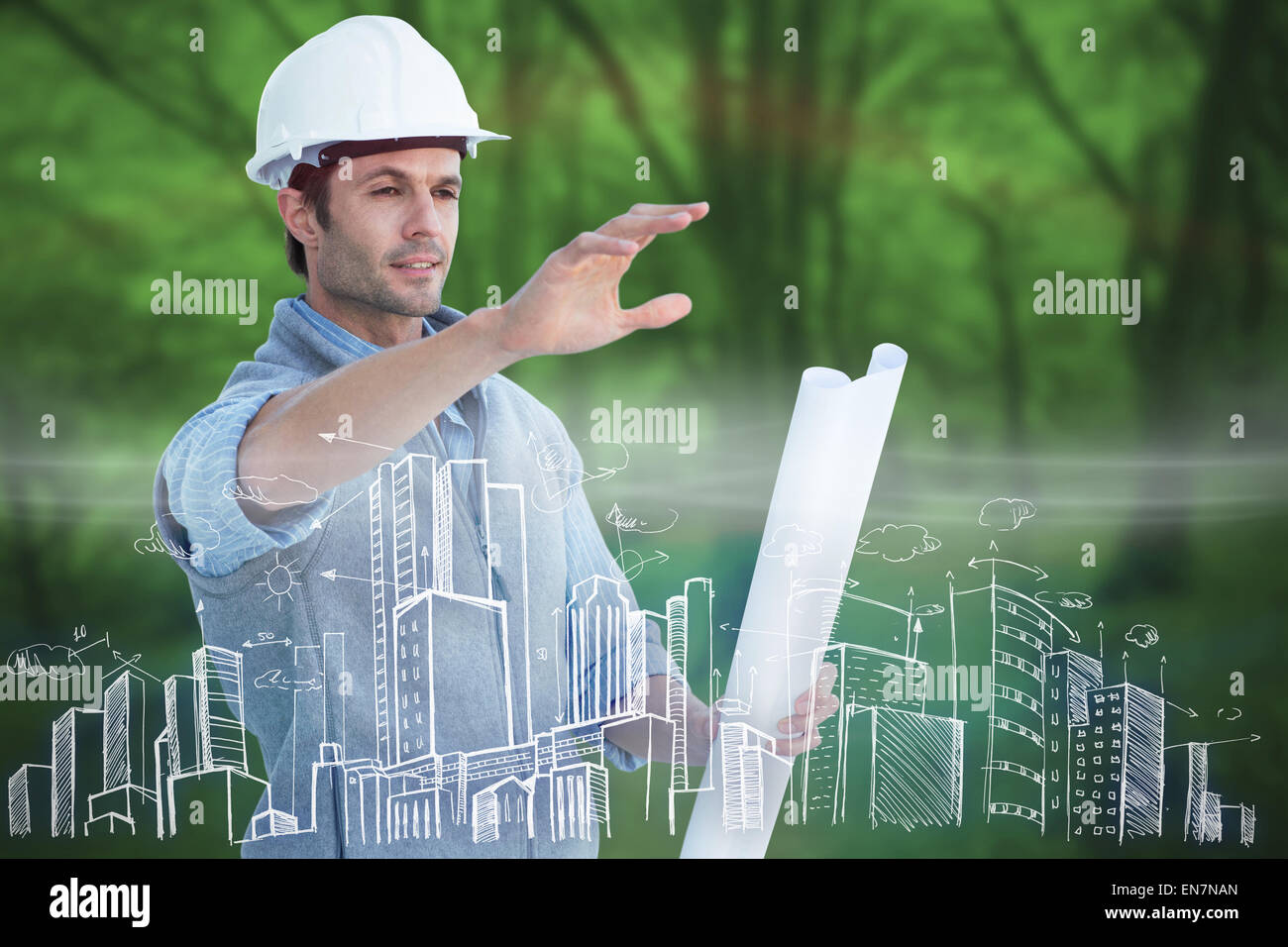 Composite image of architect with blueprint Stock Photo - Alamy