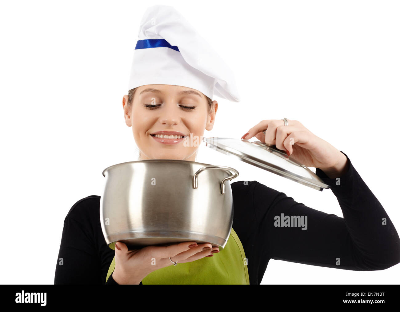 Gorgeous caucasian woman cook with a stainless steel pot, isolated on ...