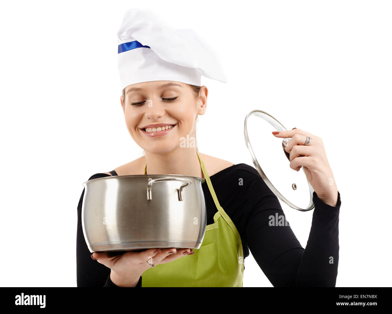 Gorgeous caucasian woman cook with a stainless steel pot, isolated on ...