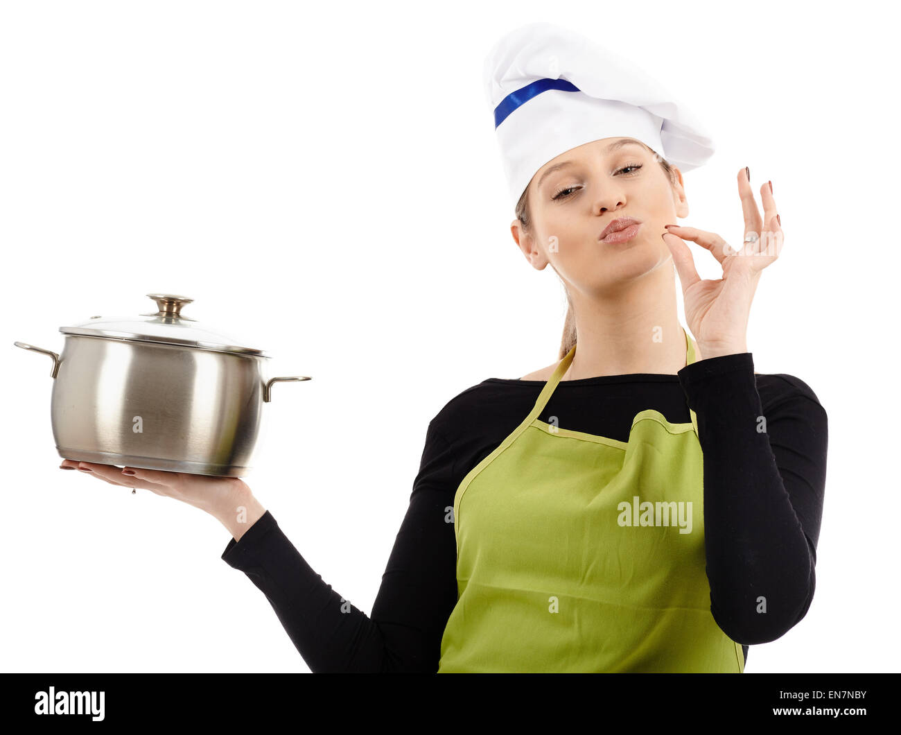 Gorgeous caucasian woman cook with a stainless steel pot, isolated on ...
