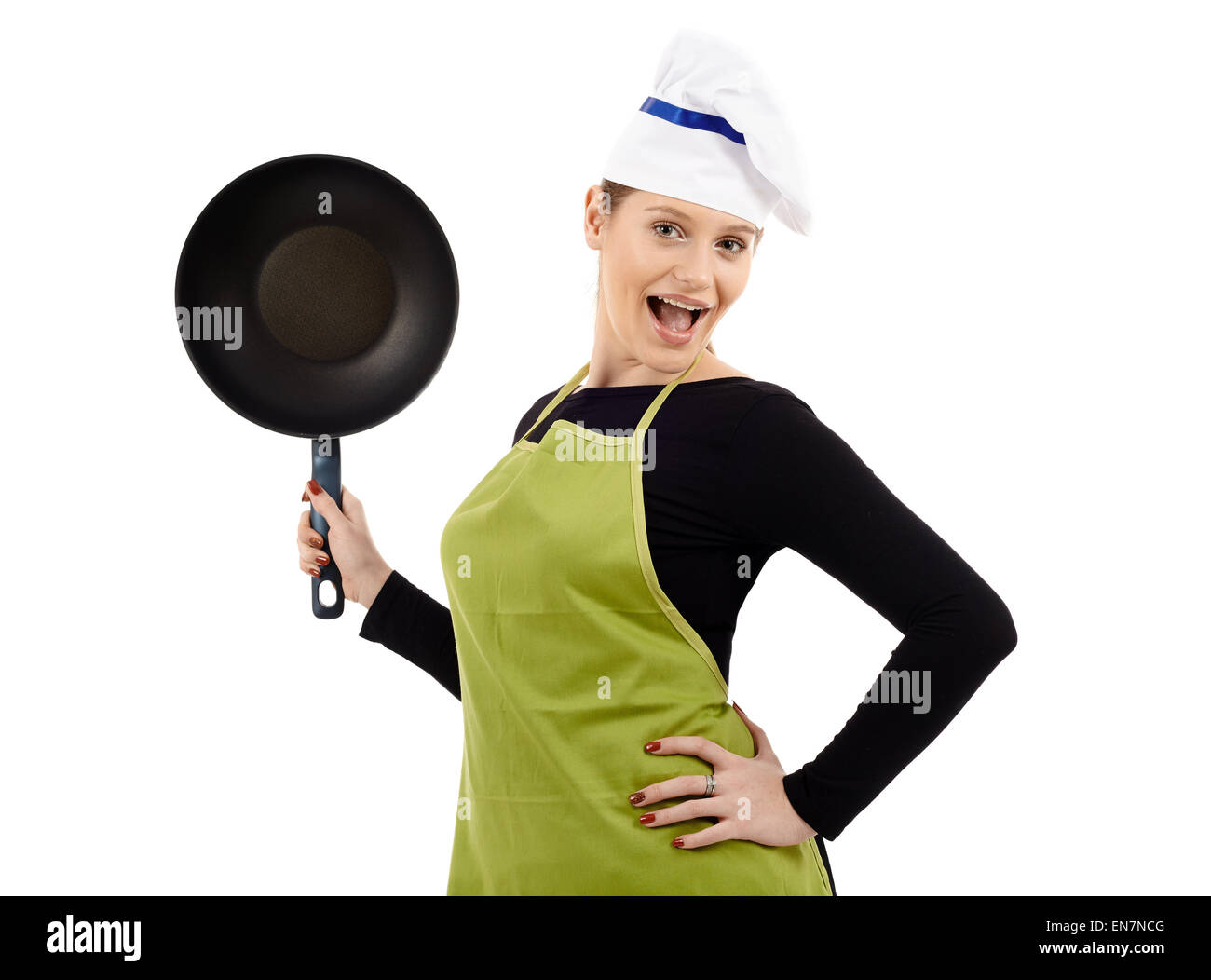 Young female chef holding wok hi-res stock photography and images - Alamy