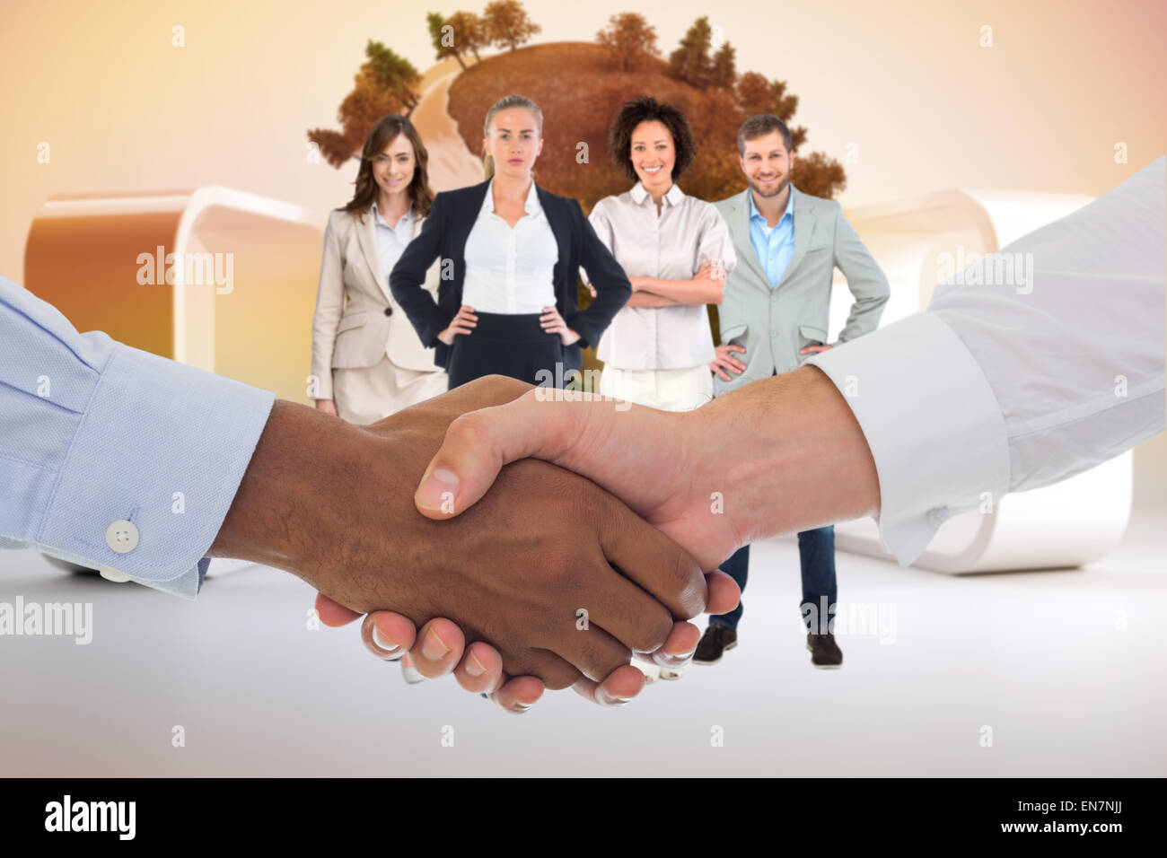 Composite image of close-up shot of a handshake in office Stock Photo ...