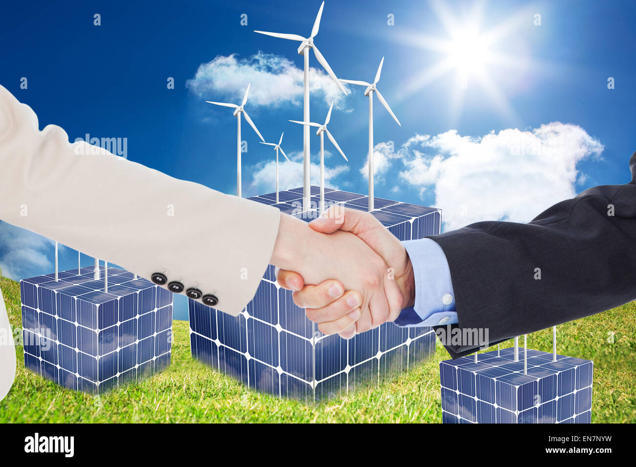 Composite image of smiling business people shaking hands while looking ...