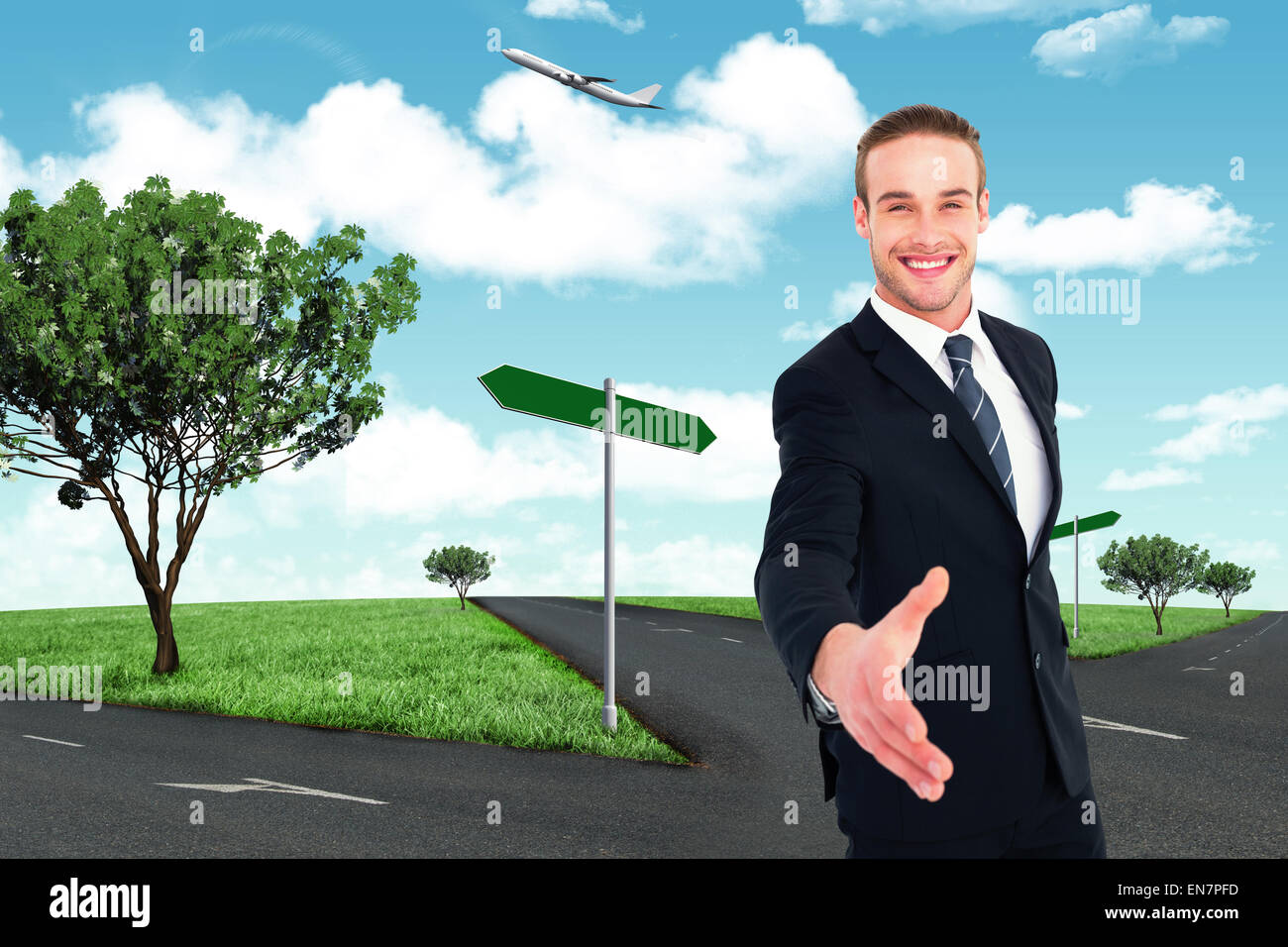 Composite image of businessman smiling and offering his hand Stock ...