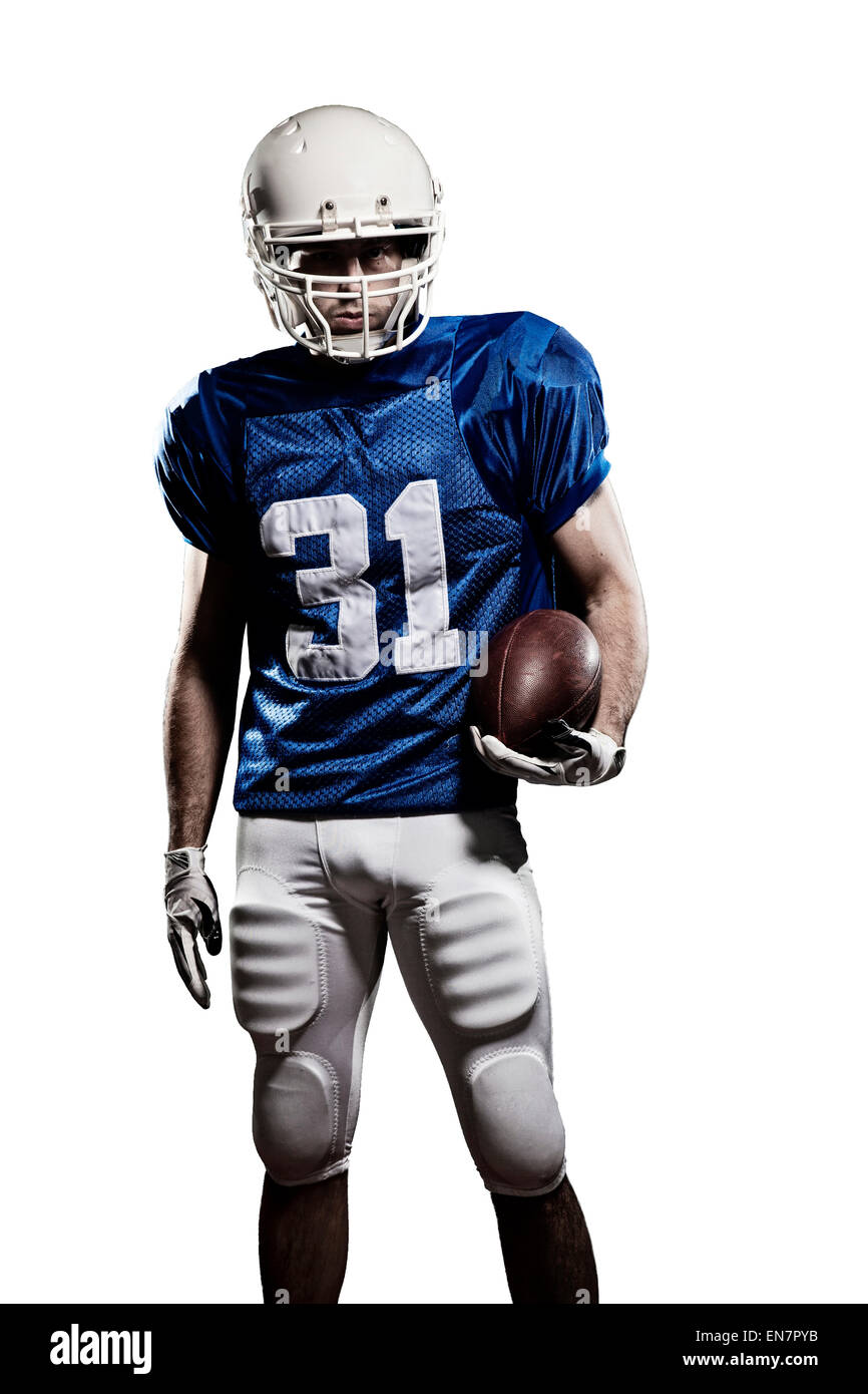 Football Player with a blue uniform and a ball in the hand on a white ...