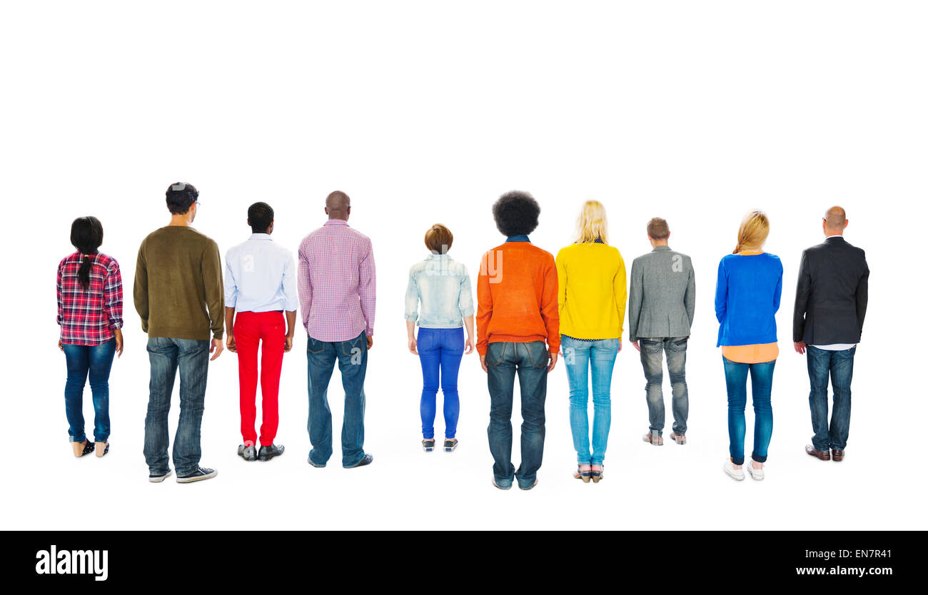 Group of Multiethnic Colorful People Facing Backwards Stock Photo - Alamy
