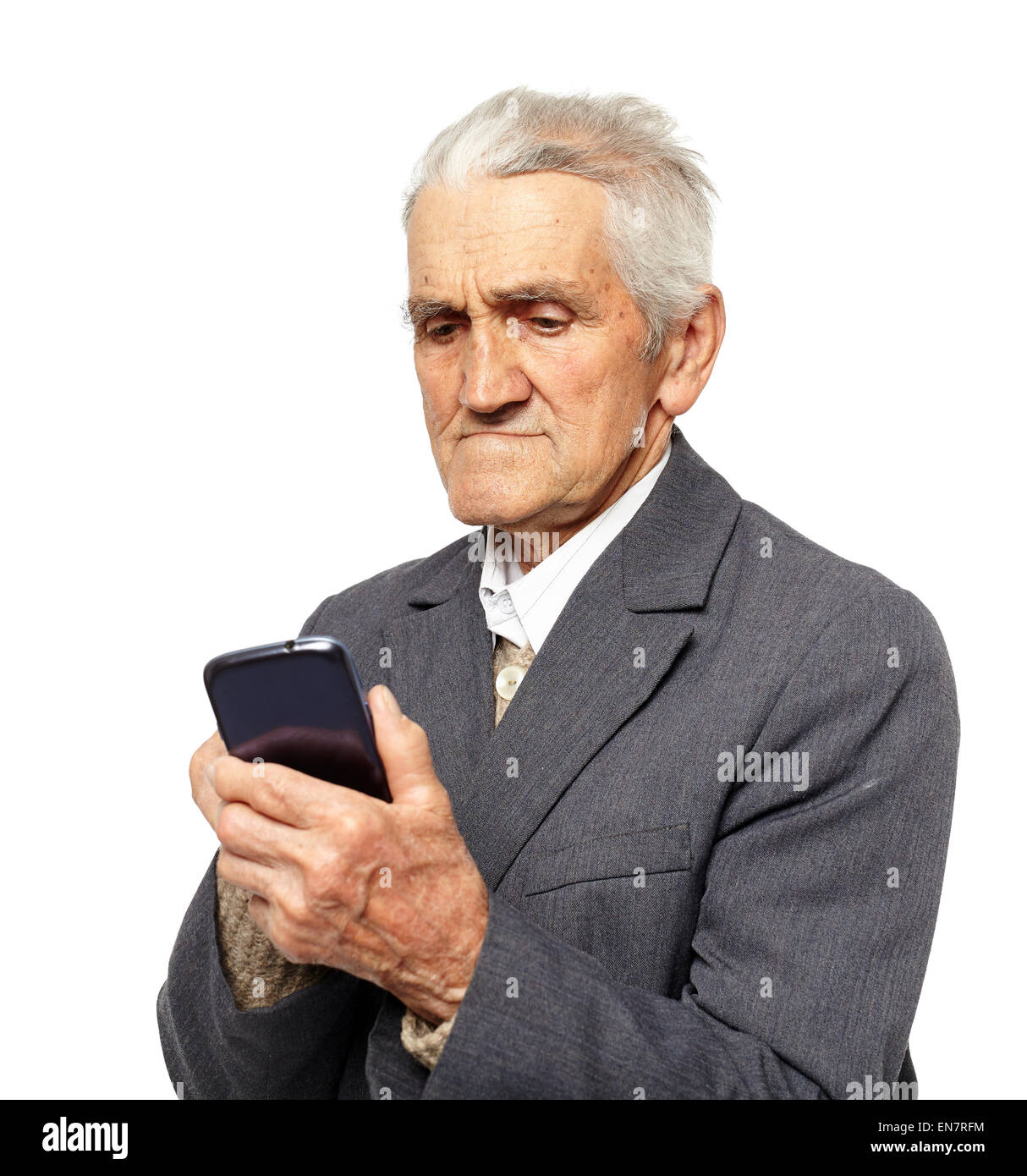 Senior man using a smartphone isolated on white background Stock Photo ...