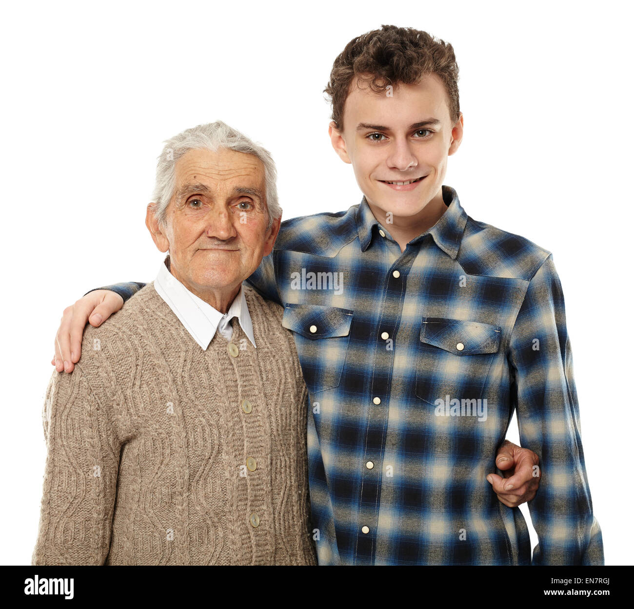 Grandfather and grandson posing in closeup portrait, isolated on white ...