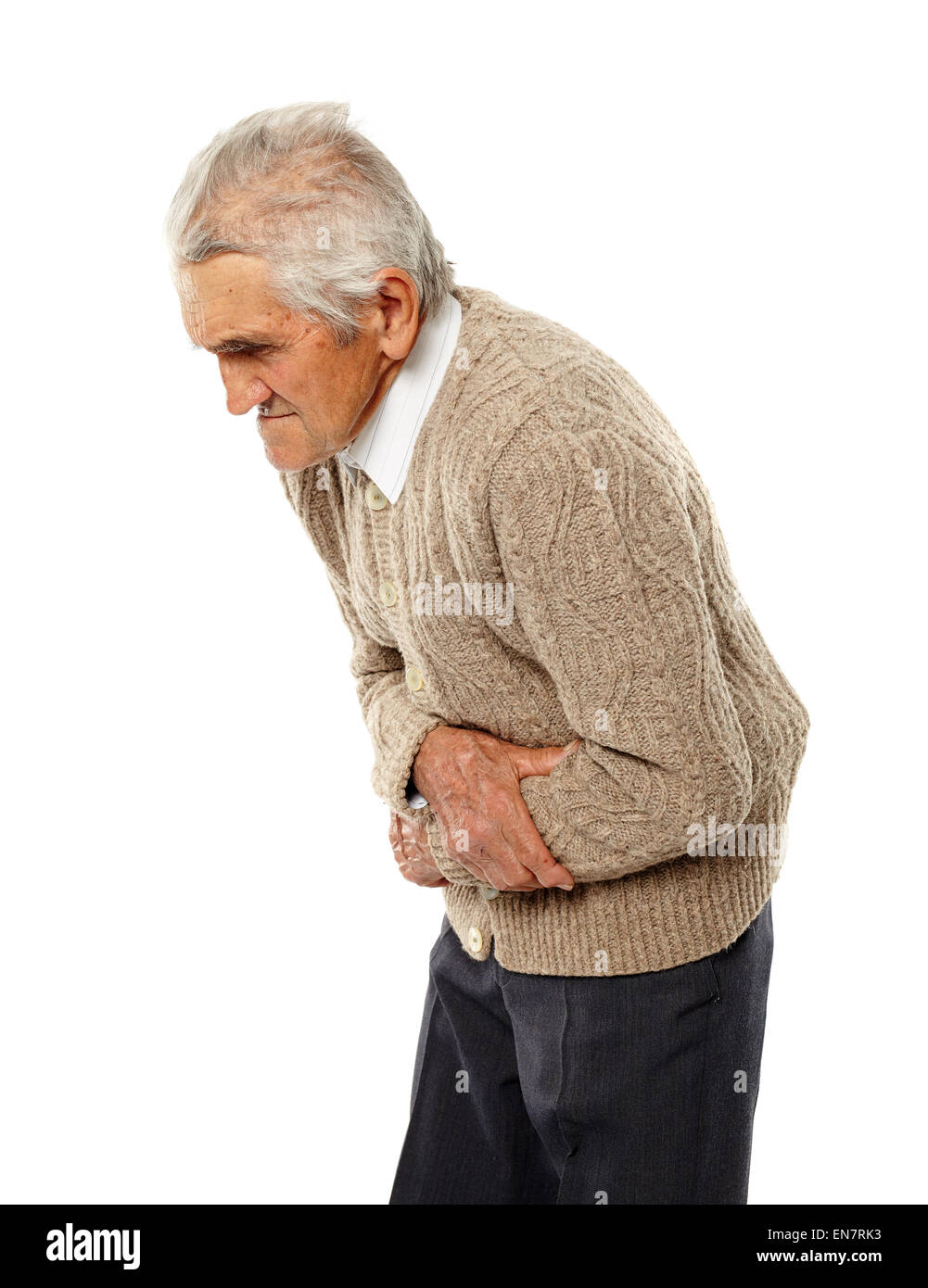 Old man with severe abdominal pain isolated on white Stock Photo - Alamy