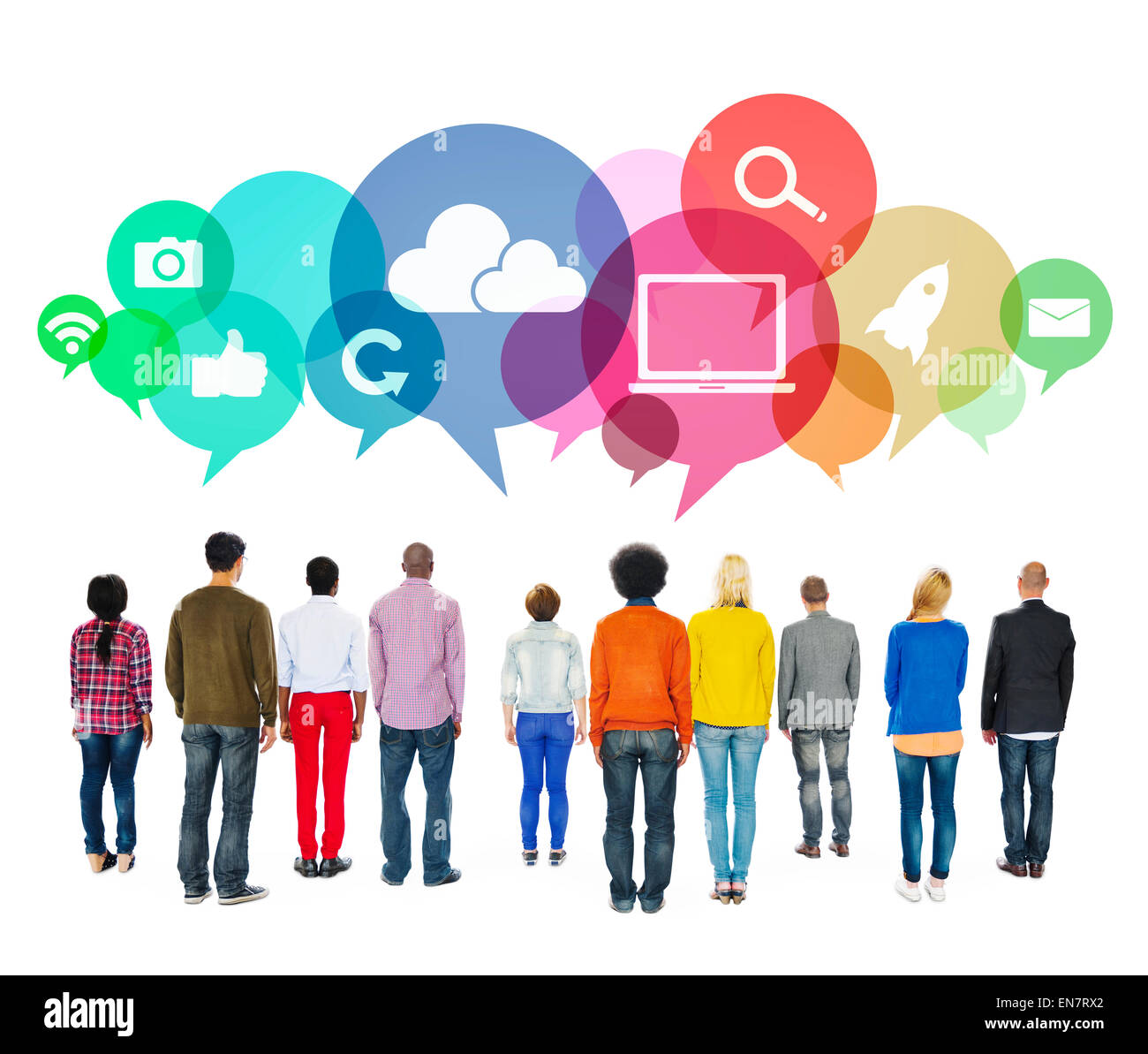 Multiethnic People Facing Backwards with Social Media Symbols Stock ...