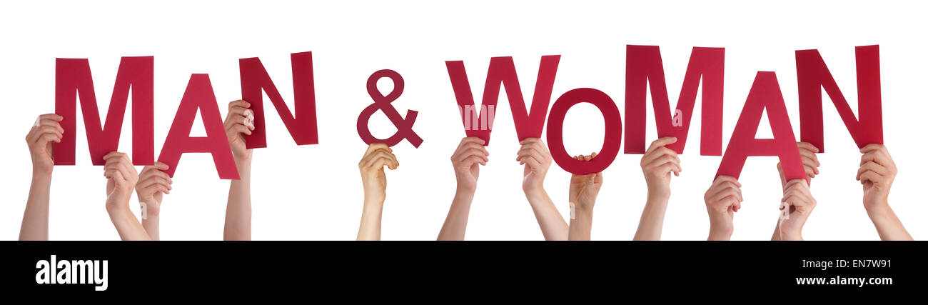Hands Holding Red Word Man And Woman Stock Photo - Alamy