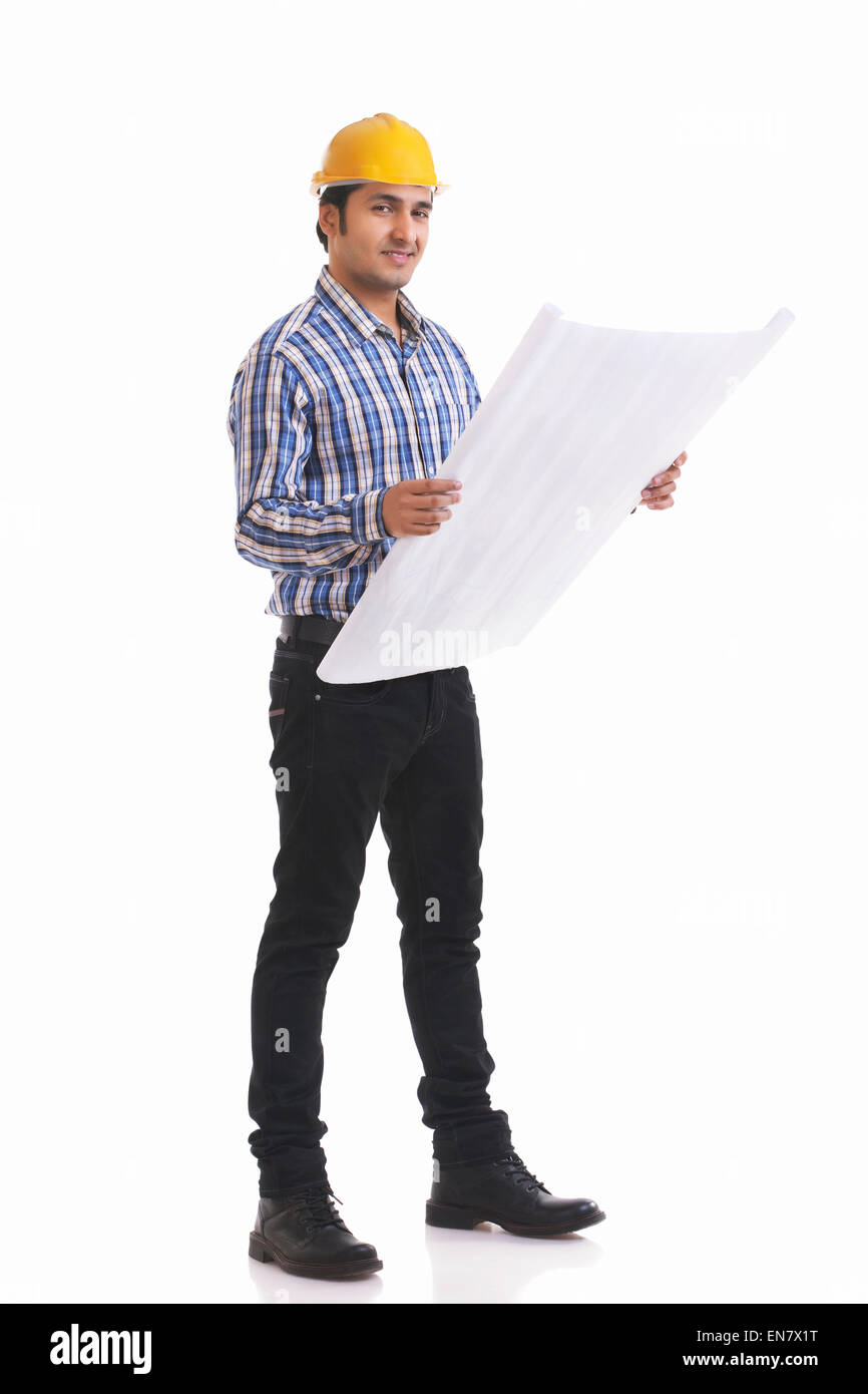 Contractor holding blueprint Stock Photo - Alamy