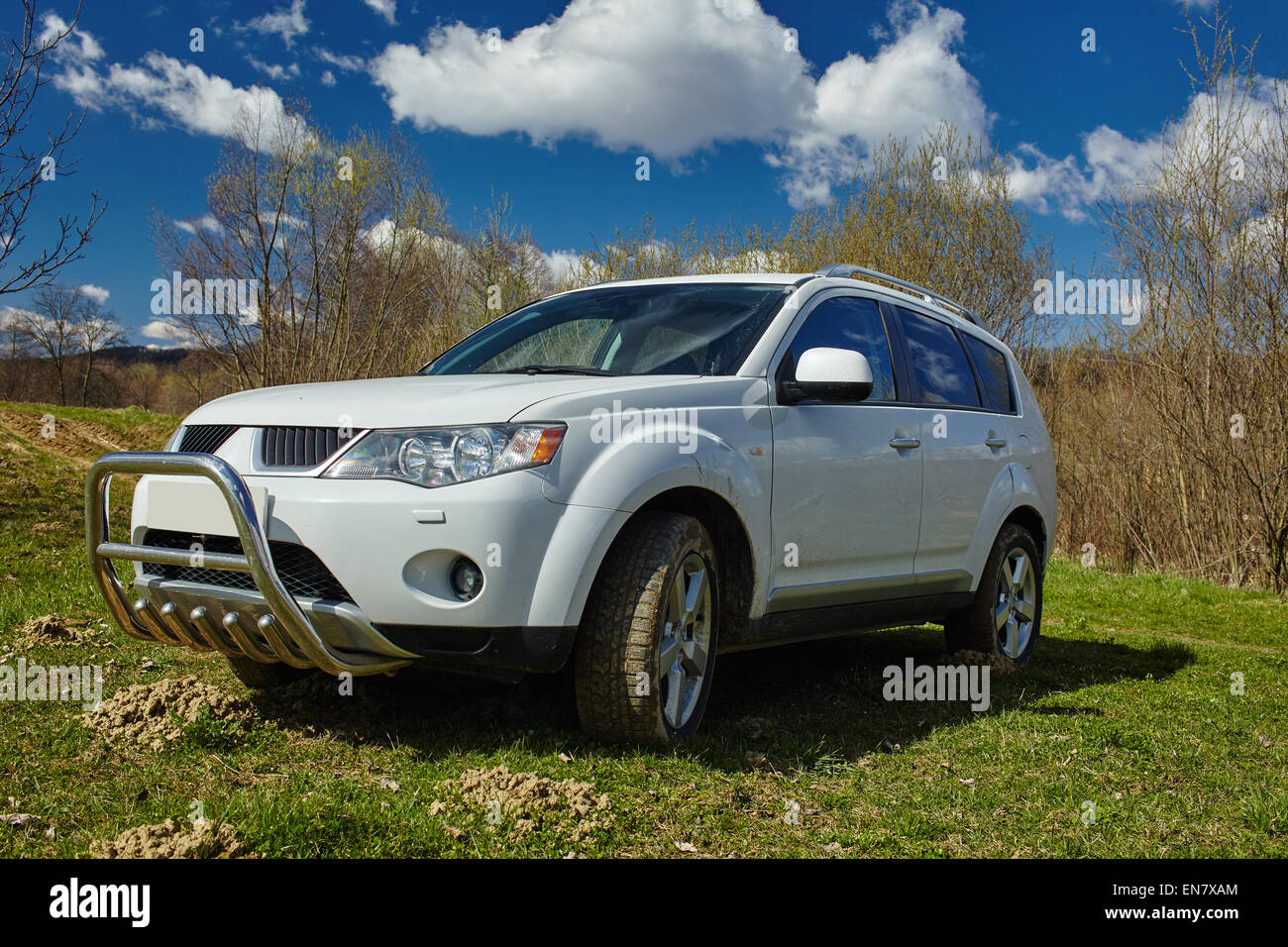 A white offroad terrain vehicle on a green field at countryside Stock ...