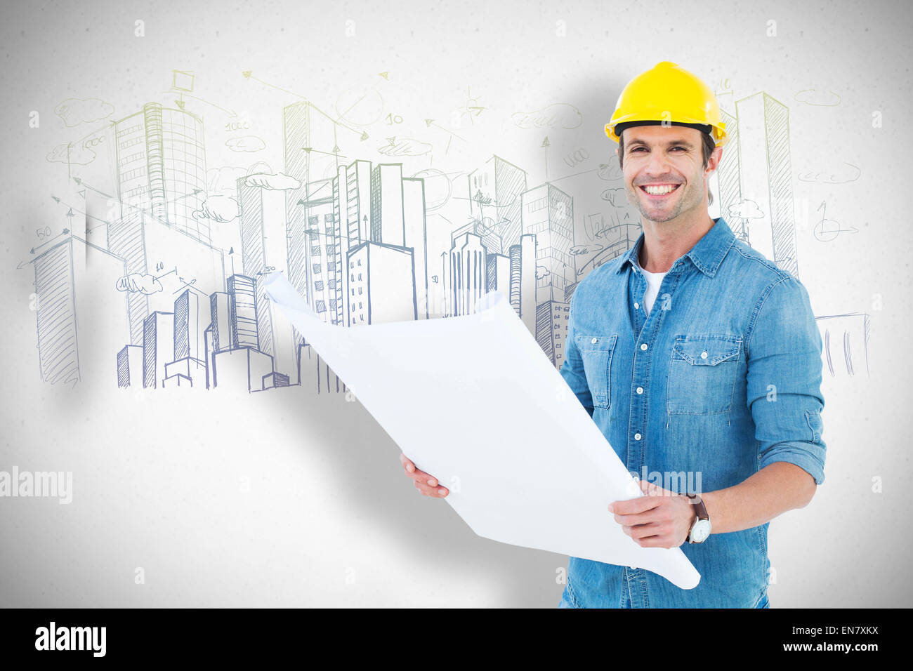 Composite image of happy architect holding blueprint in house Stock ...