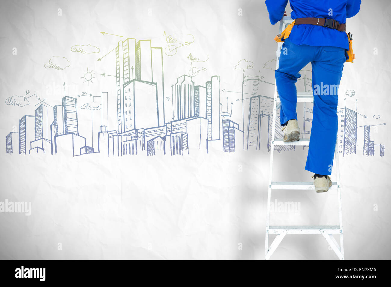 Composite image of low section of carpenter climbing step ladder Stock ...