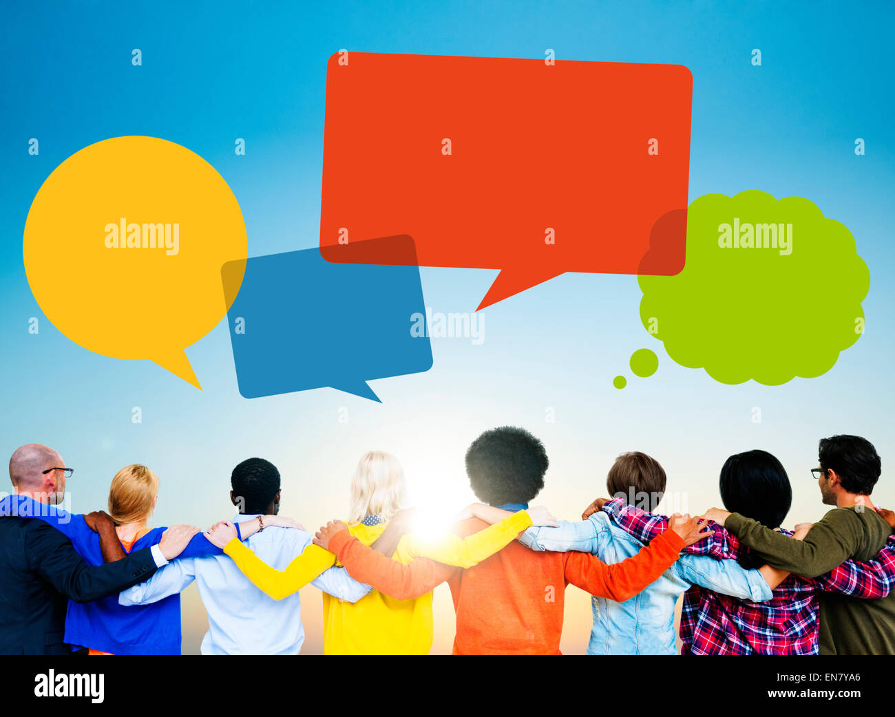 Group of People Backwards with Speech Bubbles Stock Photo - Alamy