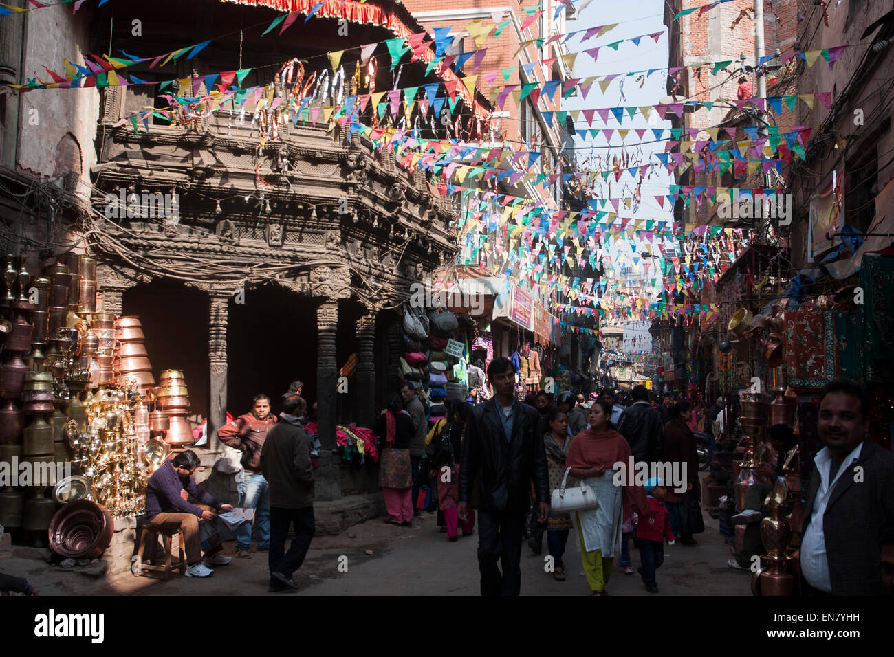 Brass pots and copperware shop in Kathmandu with its beautiful Newari ...