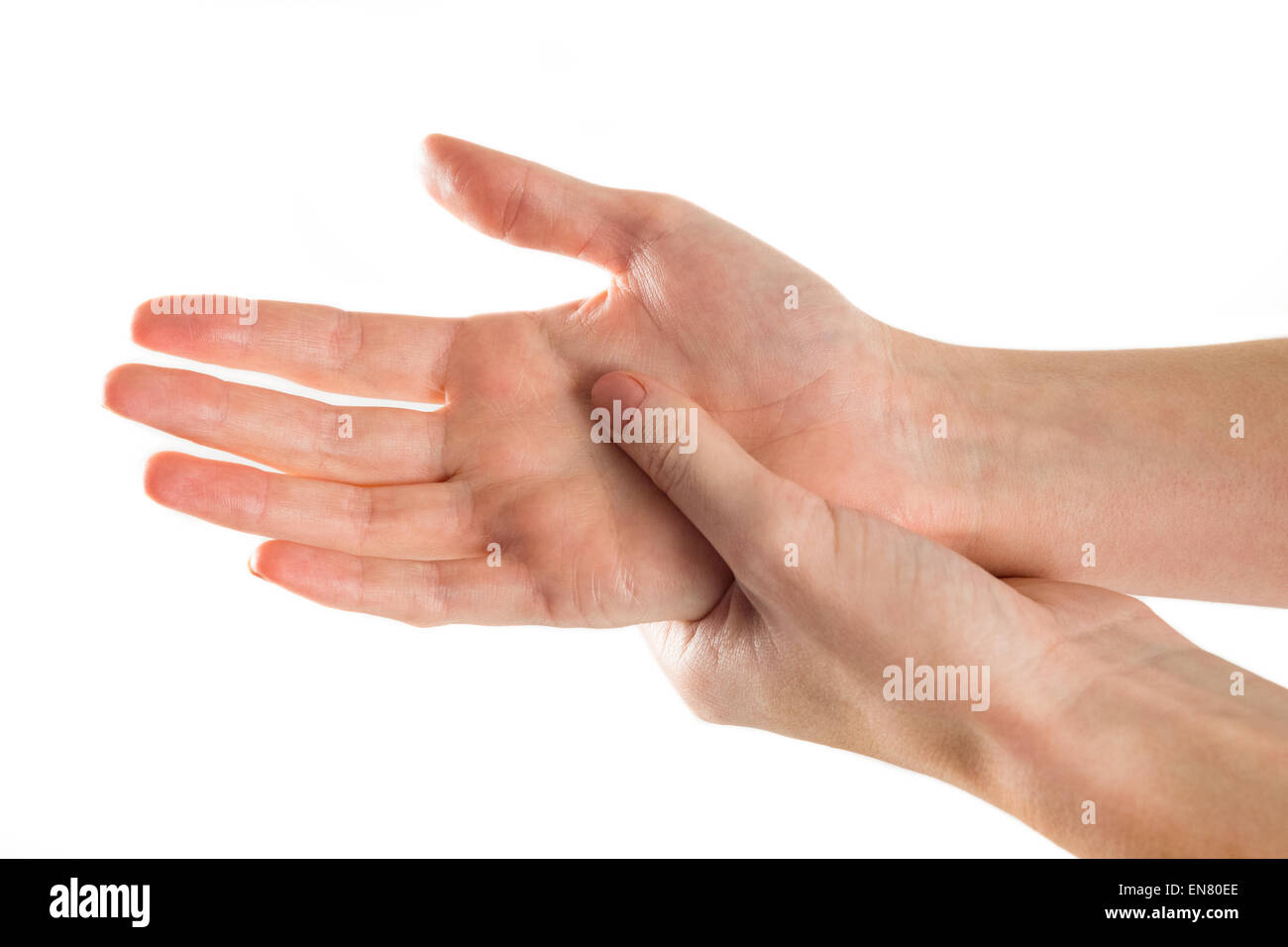 Woman with hand injury Stock Photo - Alamy