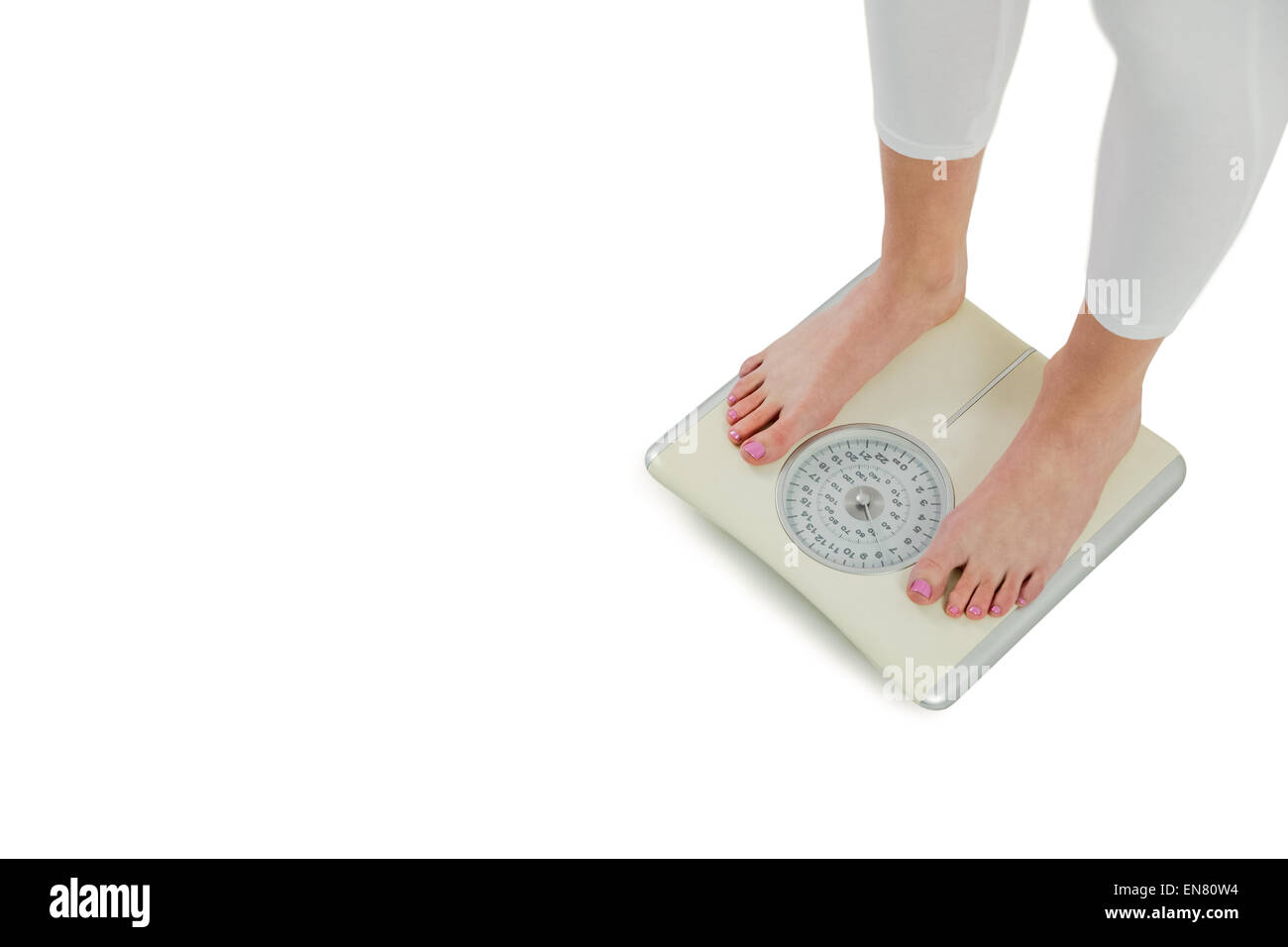 Woman standing on scales Stock Photo - Alamy