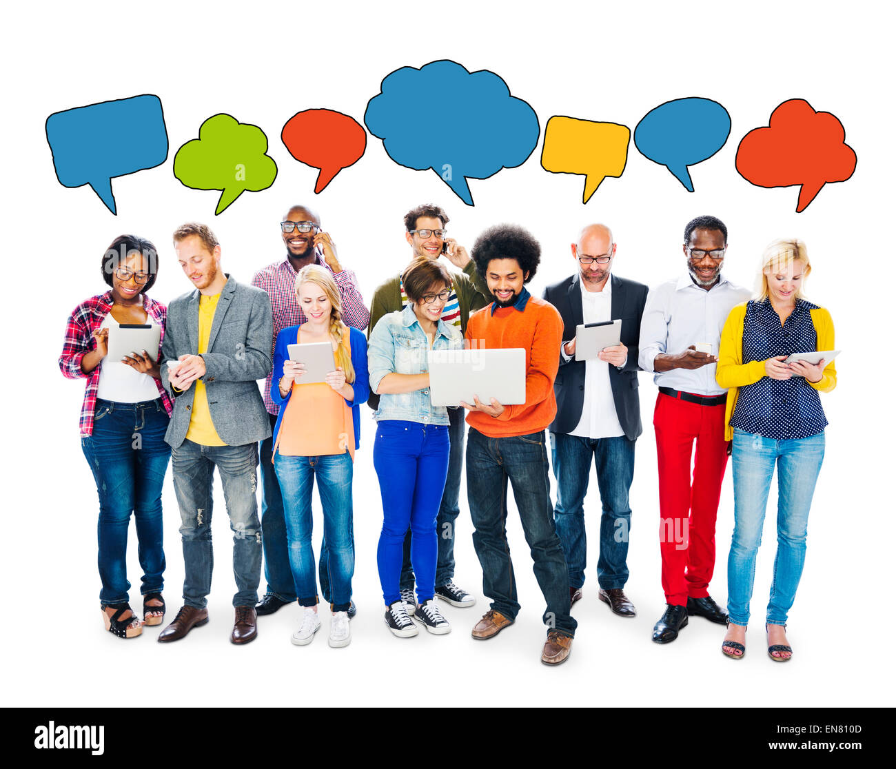 People Connecting Through Technologies and Speech Bubbles Stock Photo ...