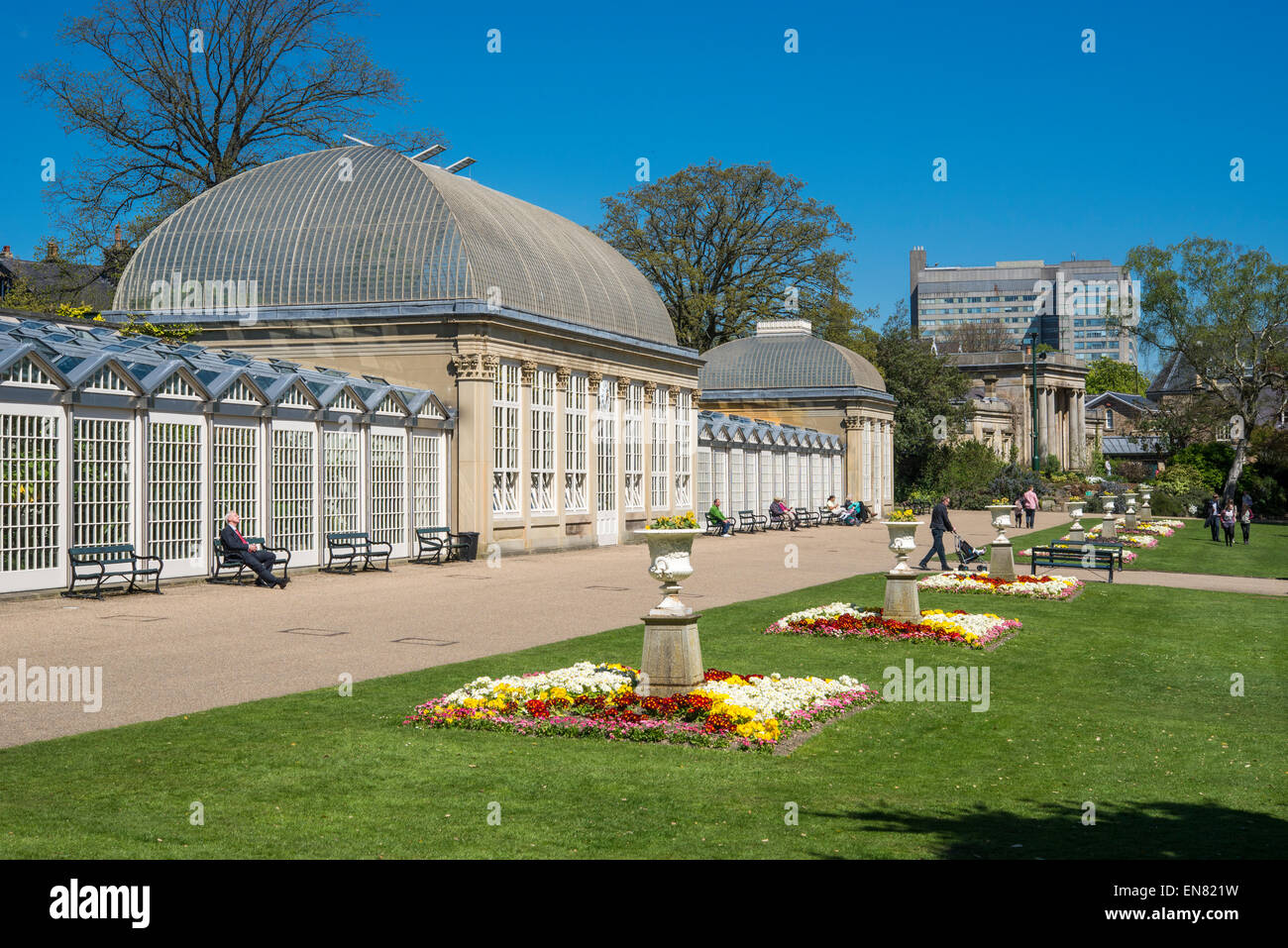 The glass pavilions at Sheffield botanical gardens in Yorkshire. Many ...