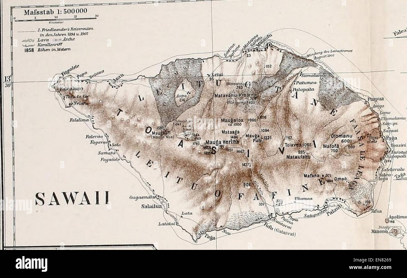 A 1910 map of Sawaii Island in Samoa, providing geographical details of ...