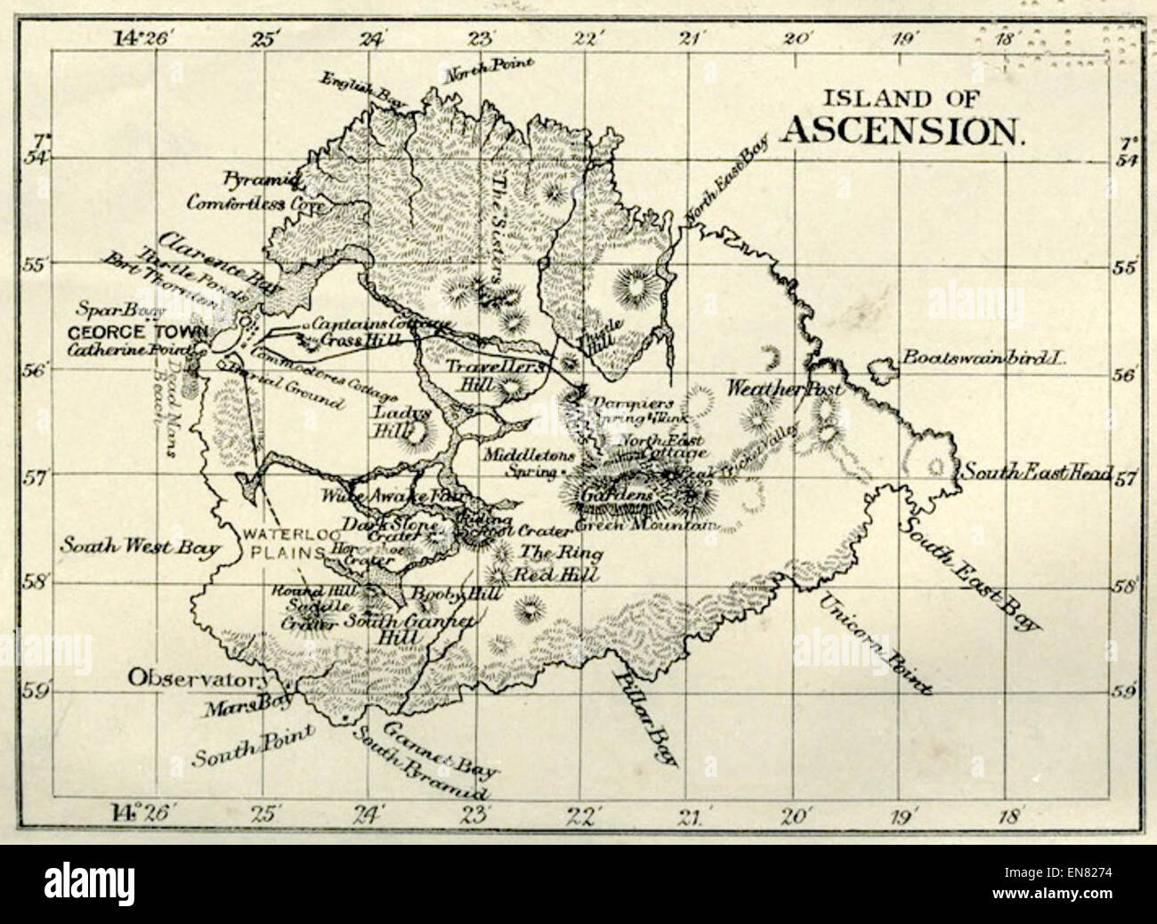 This 1878 illustration depicts the Island of Ascension, located in the ...