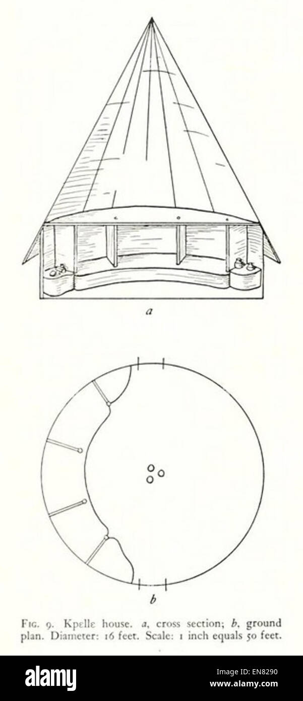 A 1947 illustration by Schwab showing a traditional Kpelle house, a type of dwelling associated ...