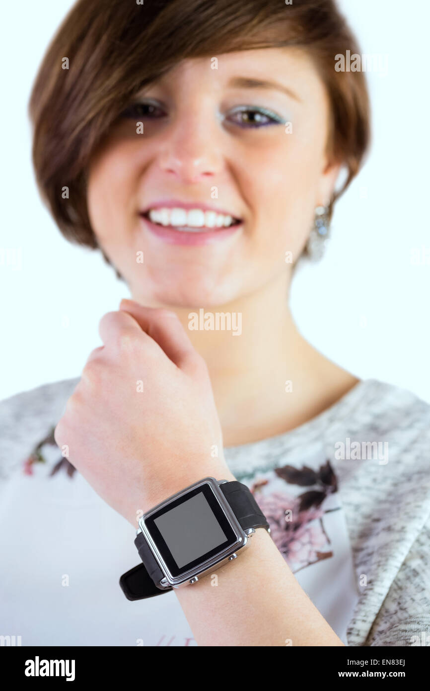Happy woman wearing smartwatch hi-res stock photography and images - Alamy