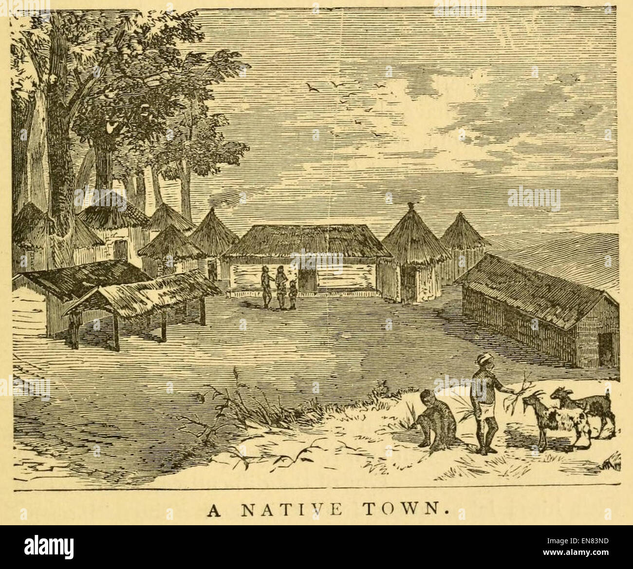 An 1886 illustration by Stewart depicting a native town, likely ...