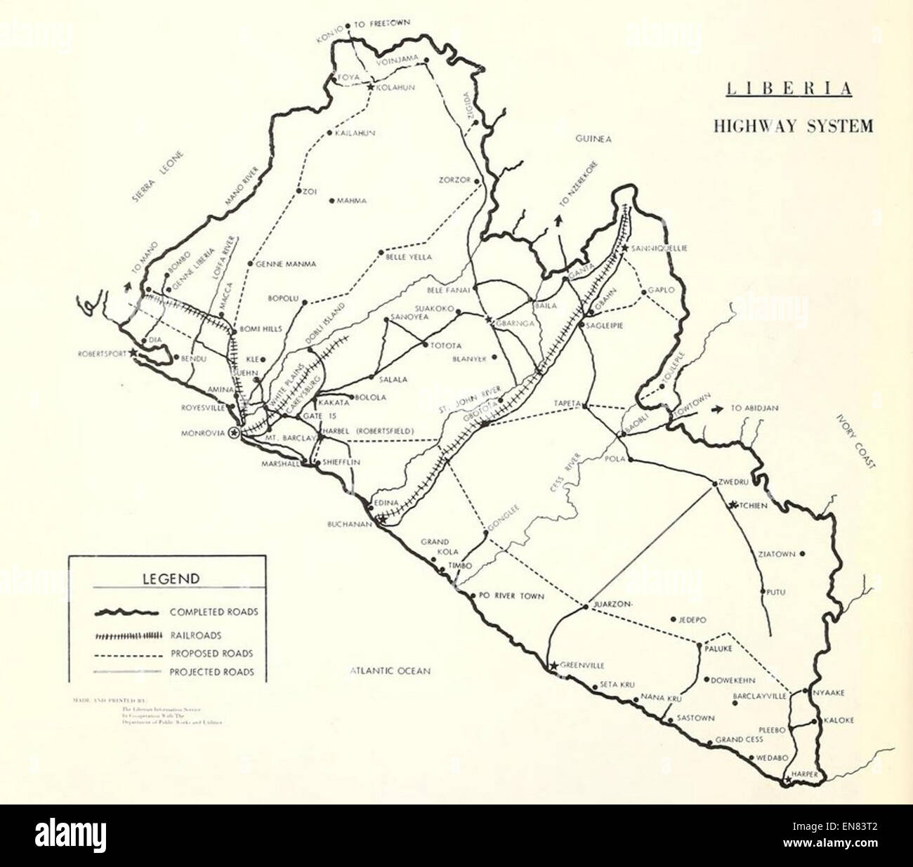 A map from U.S.DOC(1965) showing the highway system of Liberia. The map ...
