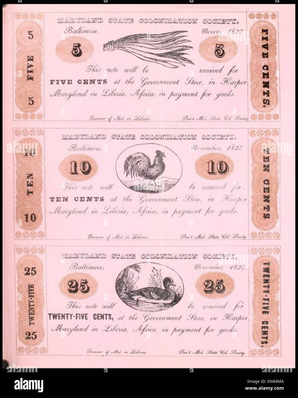 This 1837 illustration shows examples of 5, 10, and 25-cent notes used ...