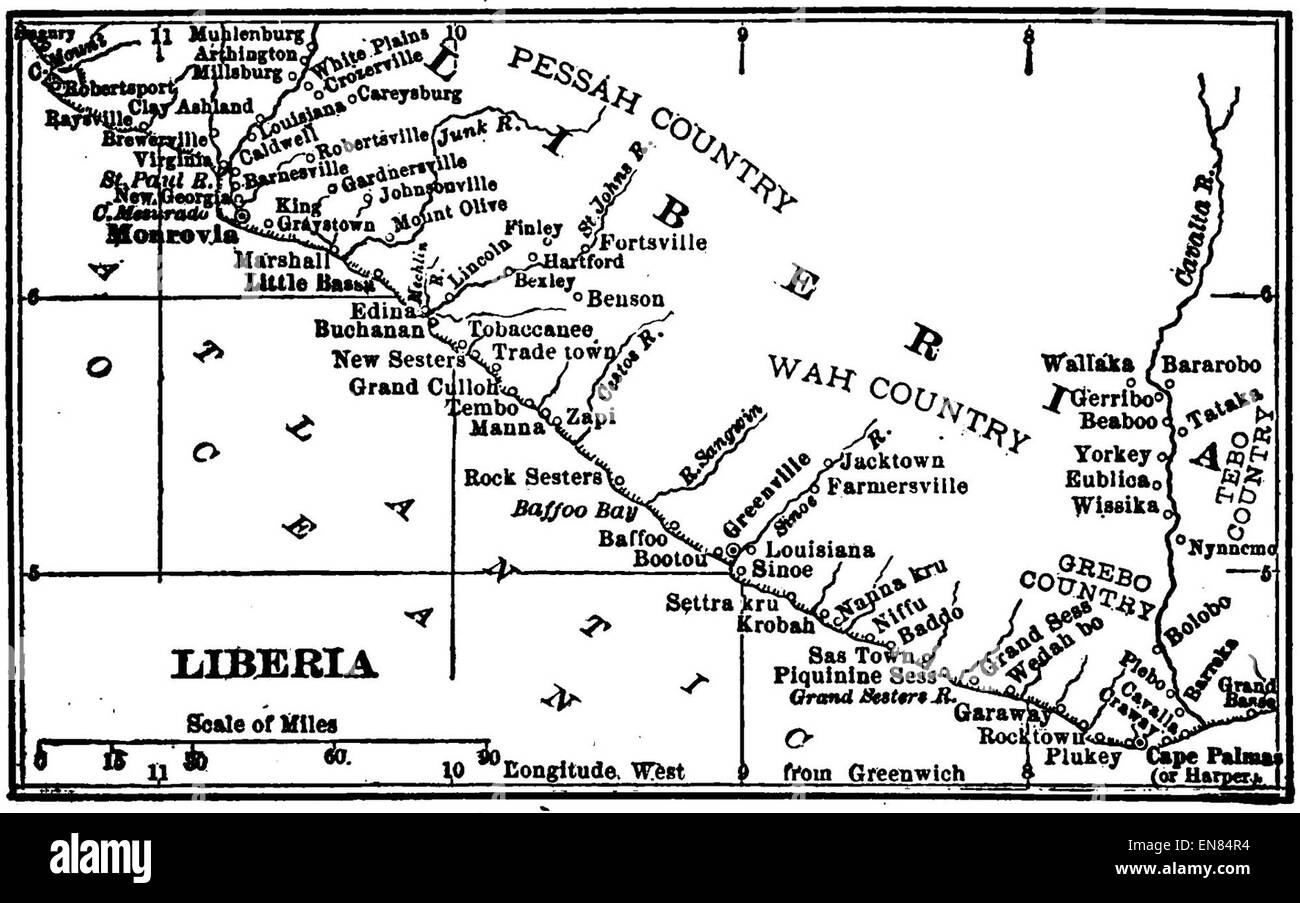 A map from 1901 depicting the country of Liberia. This map highlights ...