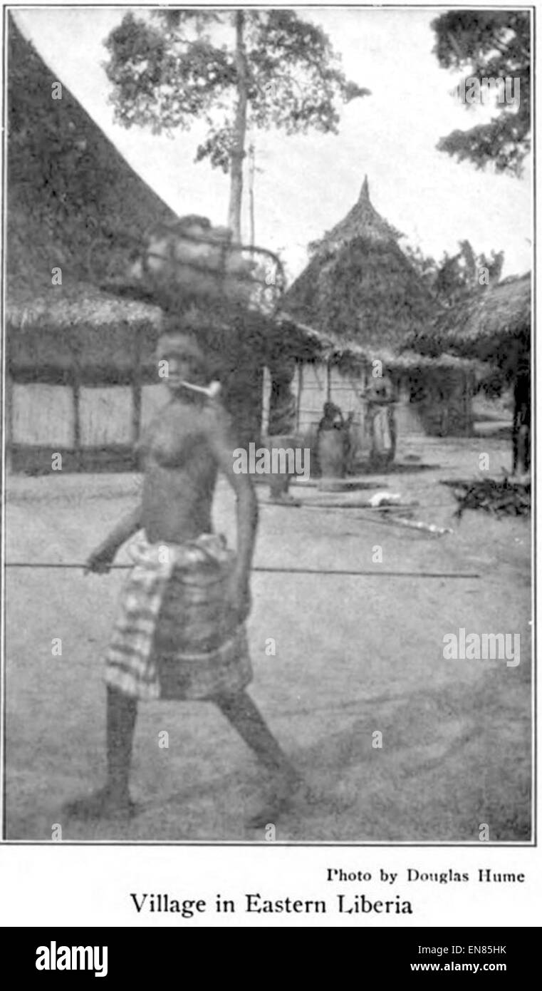 A 1907 illustration depicting a village in Eastern Liberia. The drawing ...