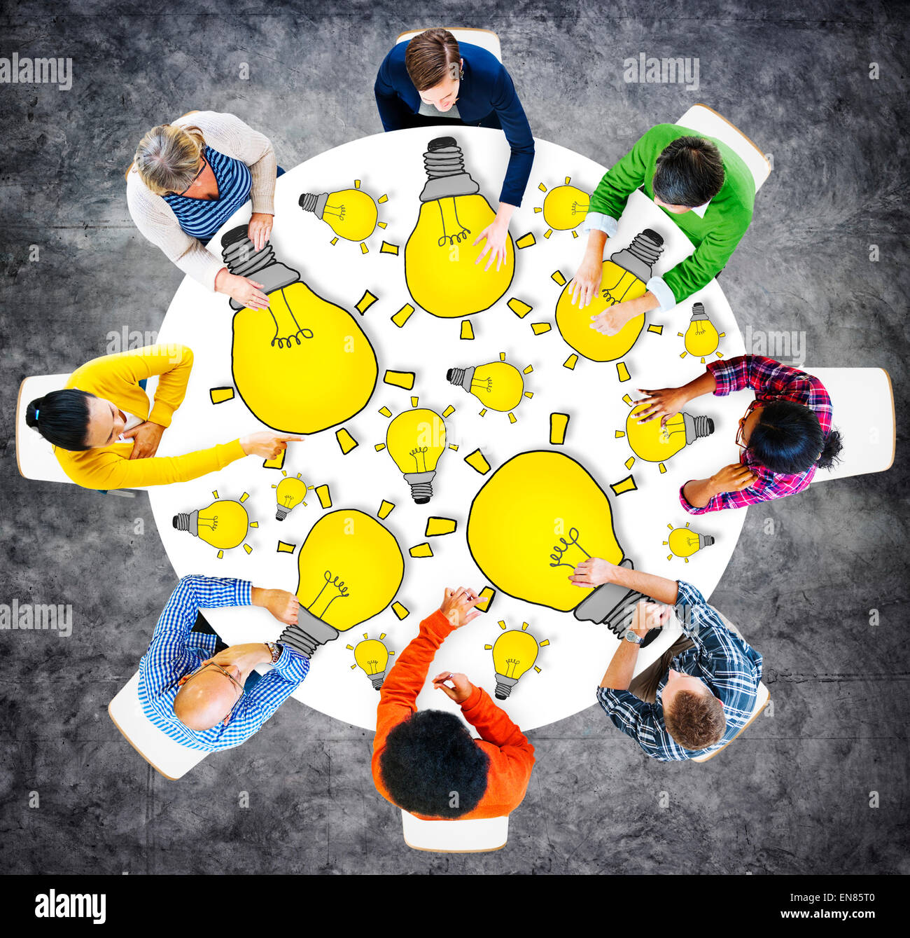 Group of People with Light Bulb Symbol in Photo and Illustration Stock ...