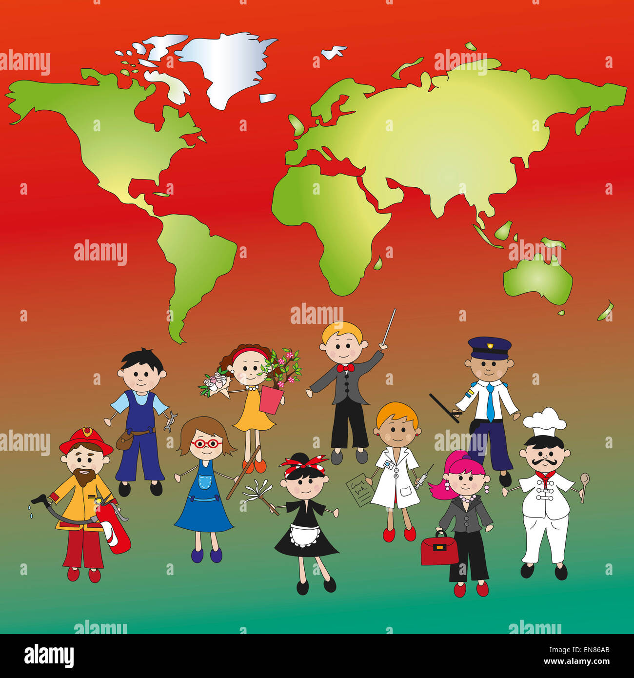 illustration of worker with world map Stock Photo - Alamy