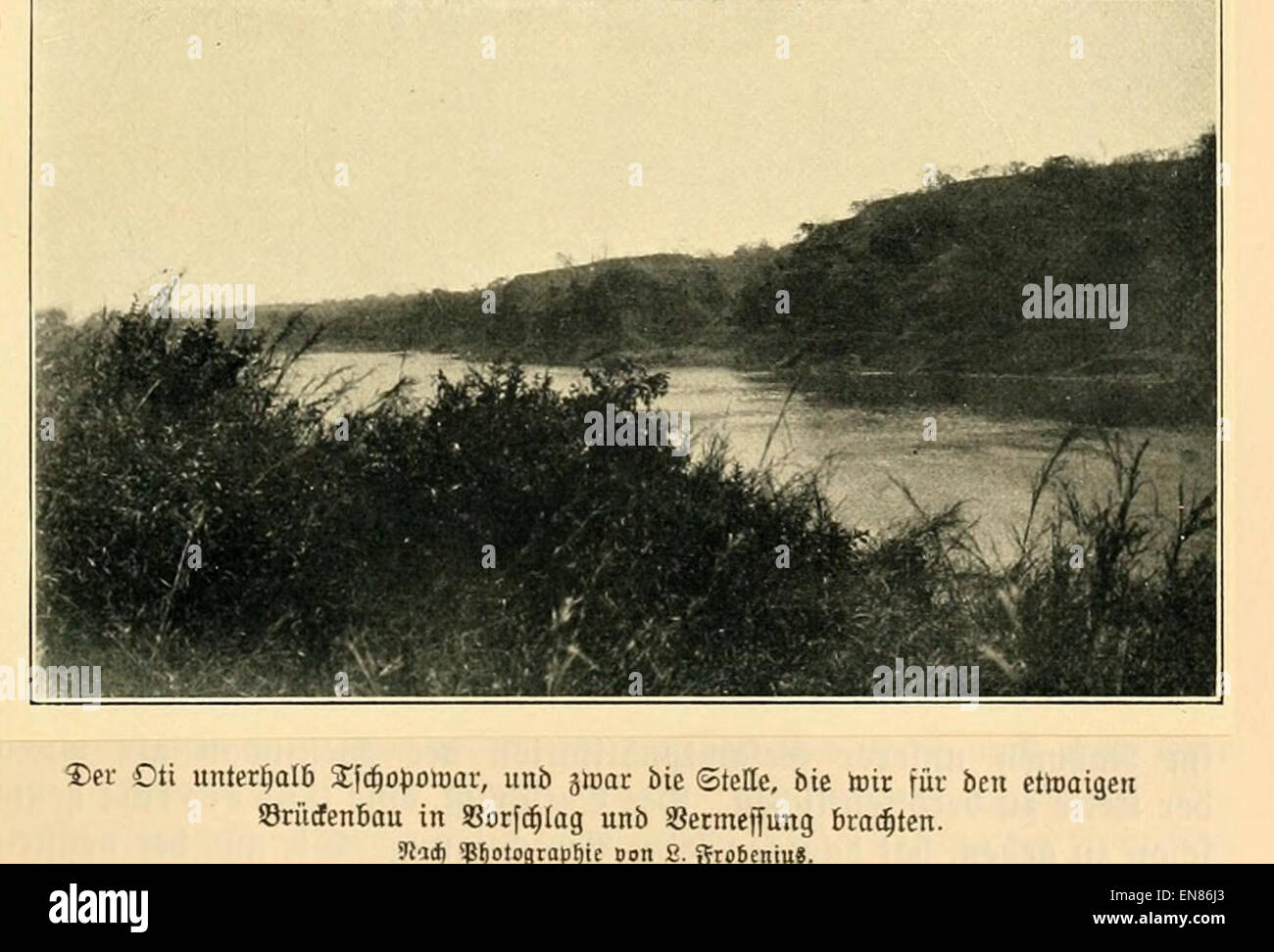 A 1911 illustration by Frobenius showing a view of the Oti River in ...