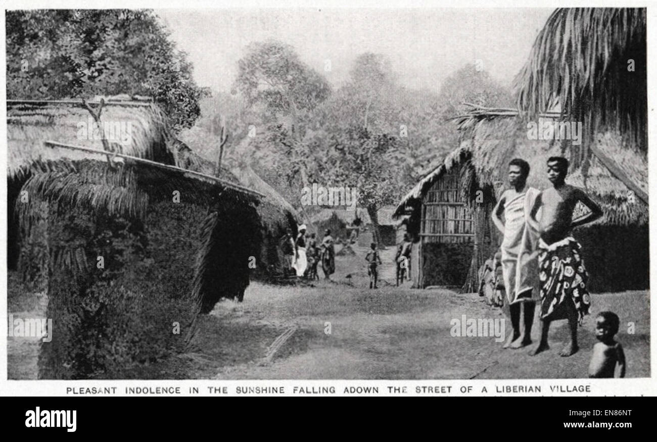 This 1920 illustration by Fyfe depicts a Liberian village, offering a ...