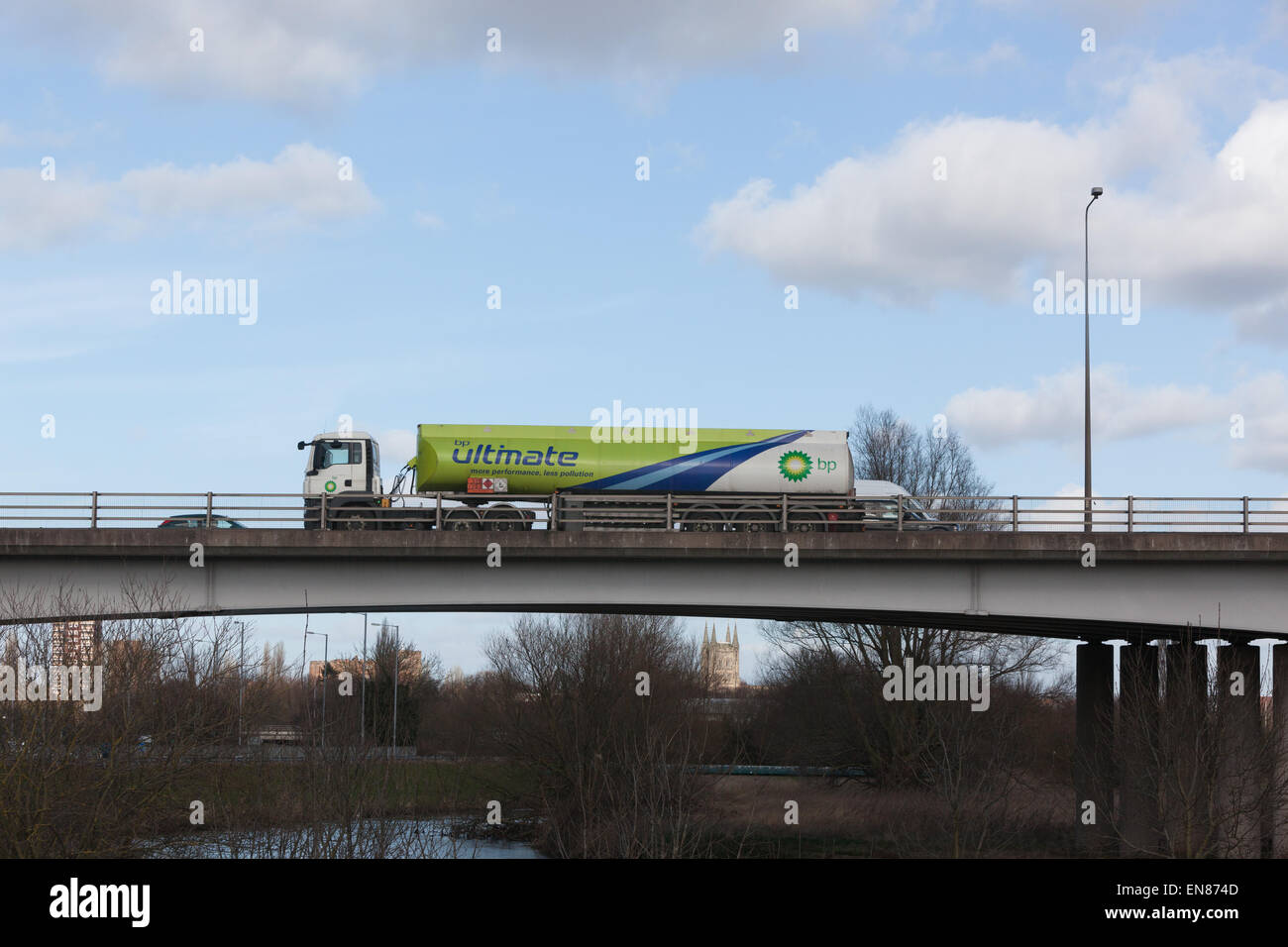 BP petrol tanker truck travelling through the Midlands in the UK Stock ...