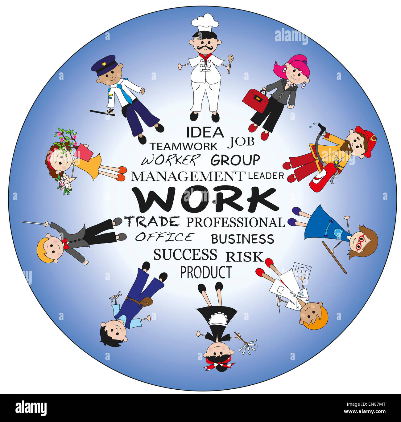 illustration with different worker in blue background Stock Photo - Alamy