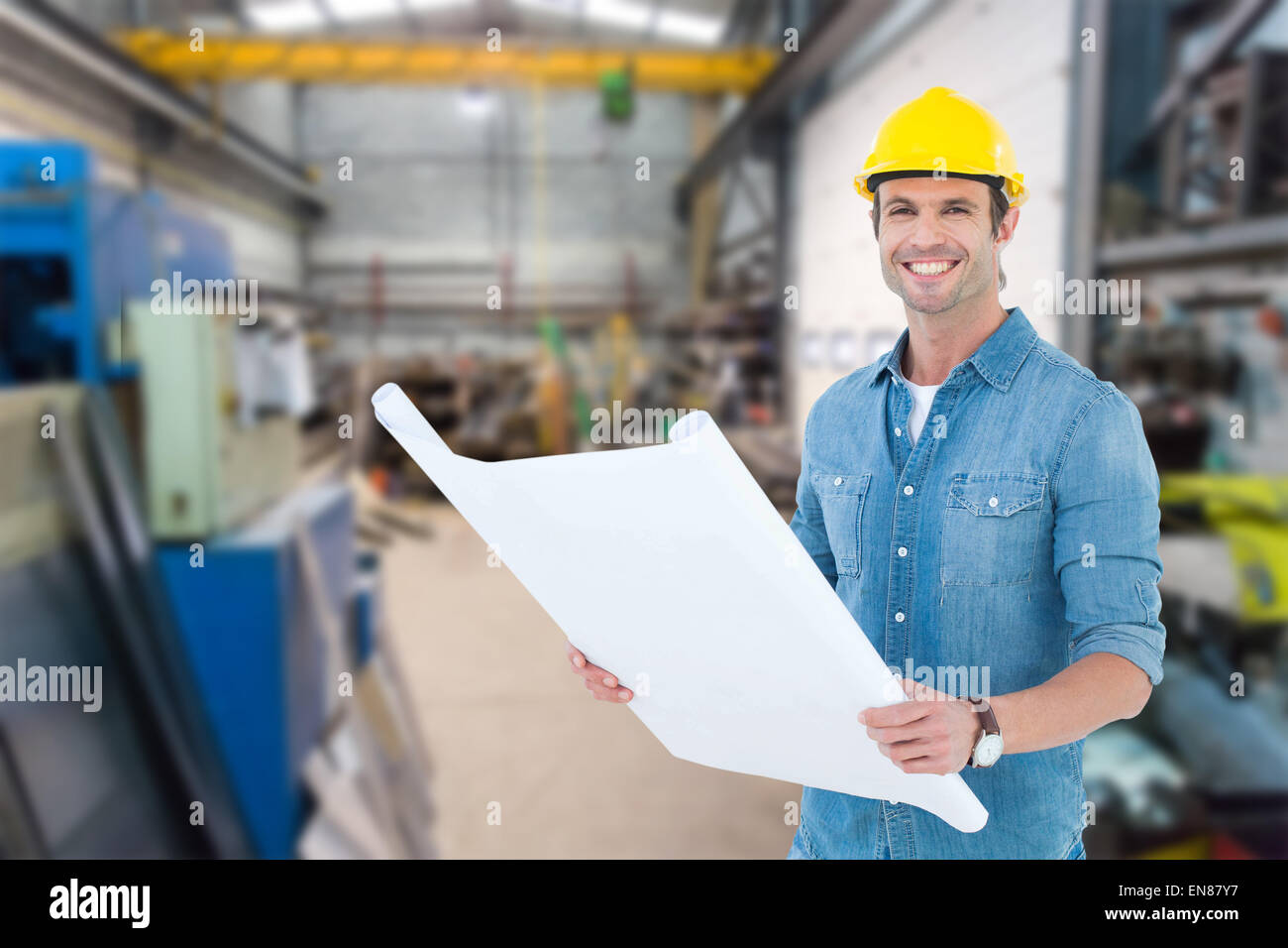 Composite image of happy architect holding blueprint in house Stock ...