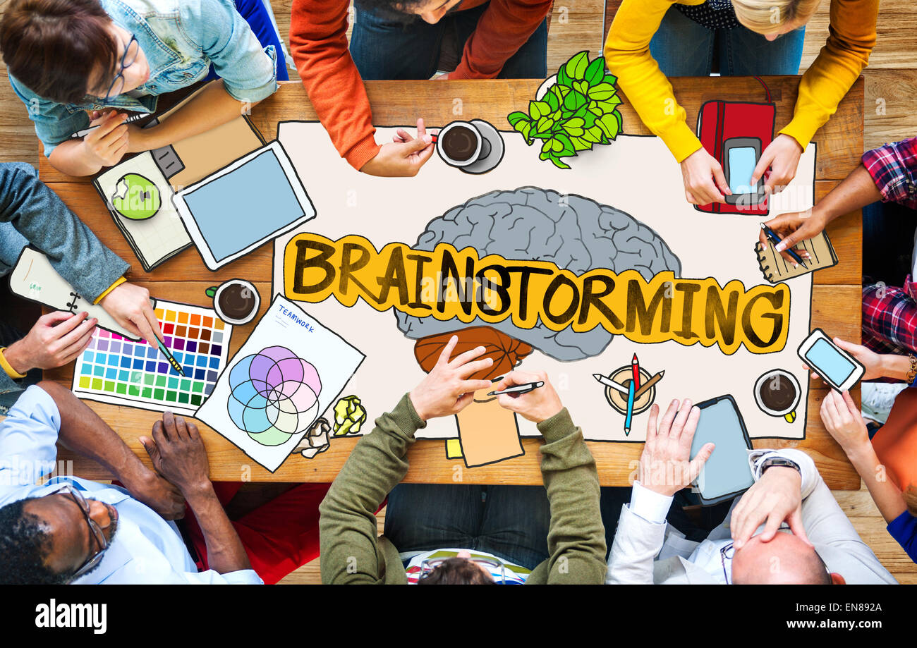 Diverse People with Photo Illustrations Brainstorming Stock Photo - Alamy
