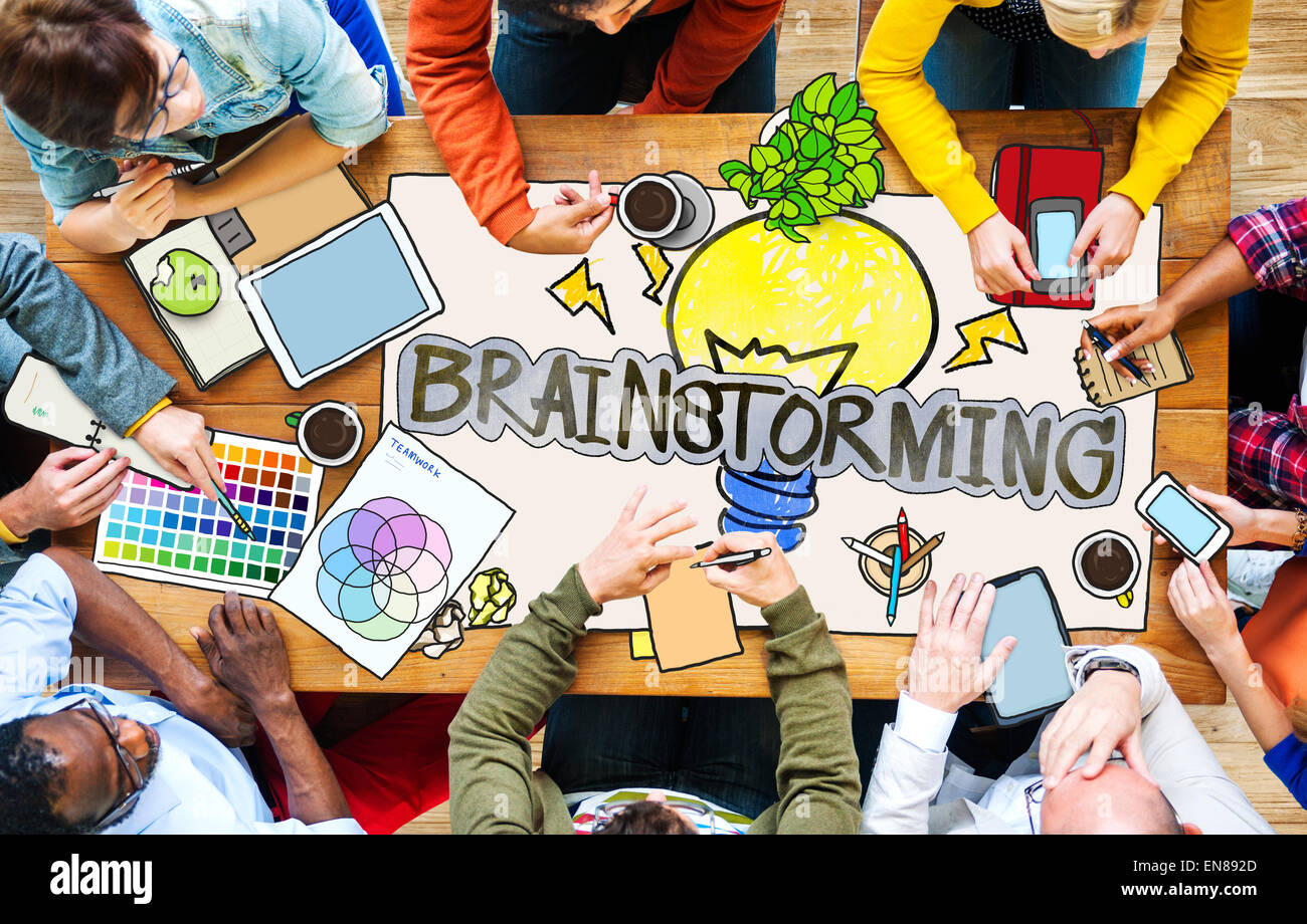 Diverse People with Photo Illustrations Brainstorming Stock Photo - Alamy