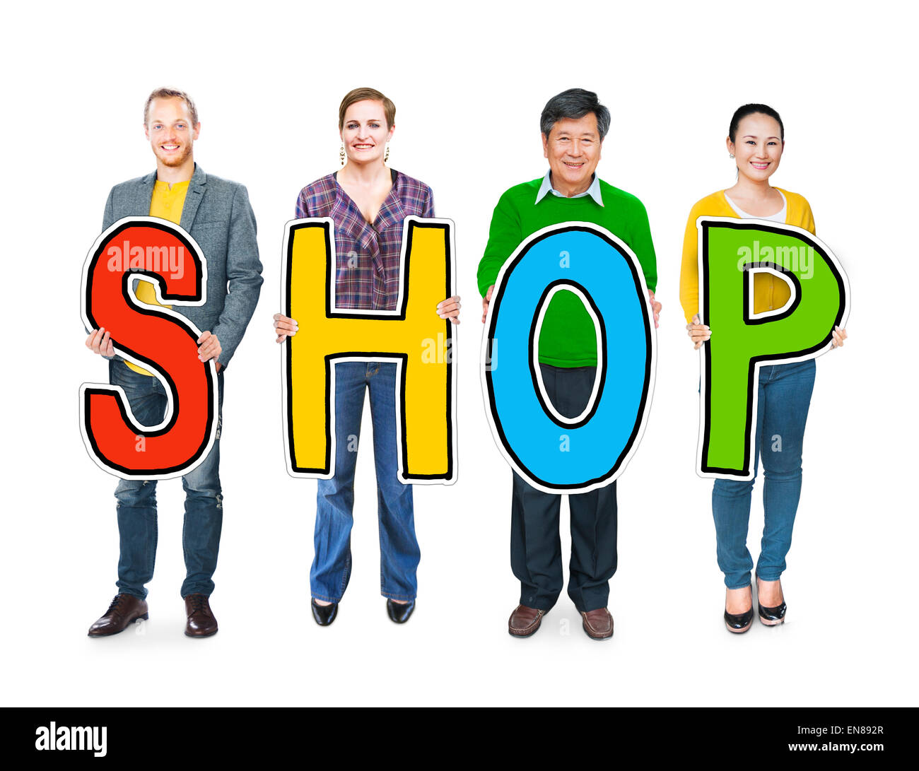 Diverse People Holding Text Shop Stock Photo - Alamy
