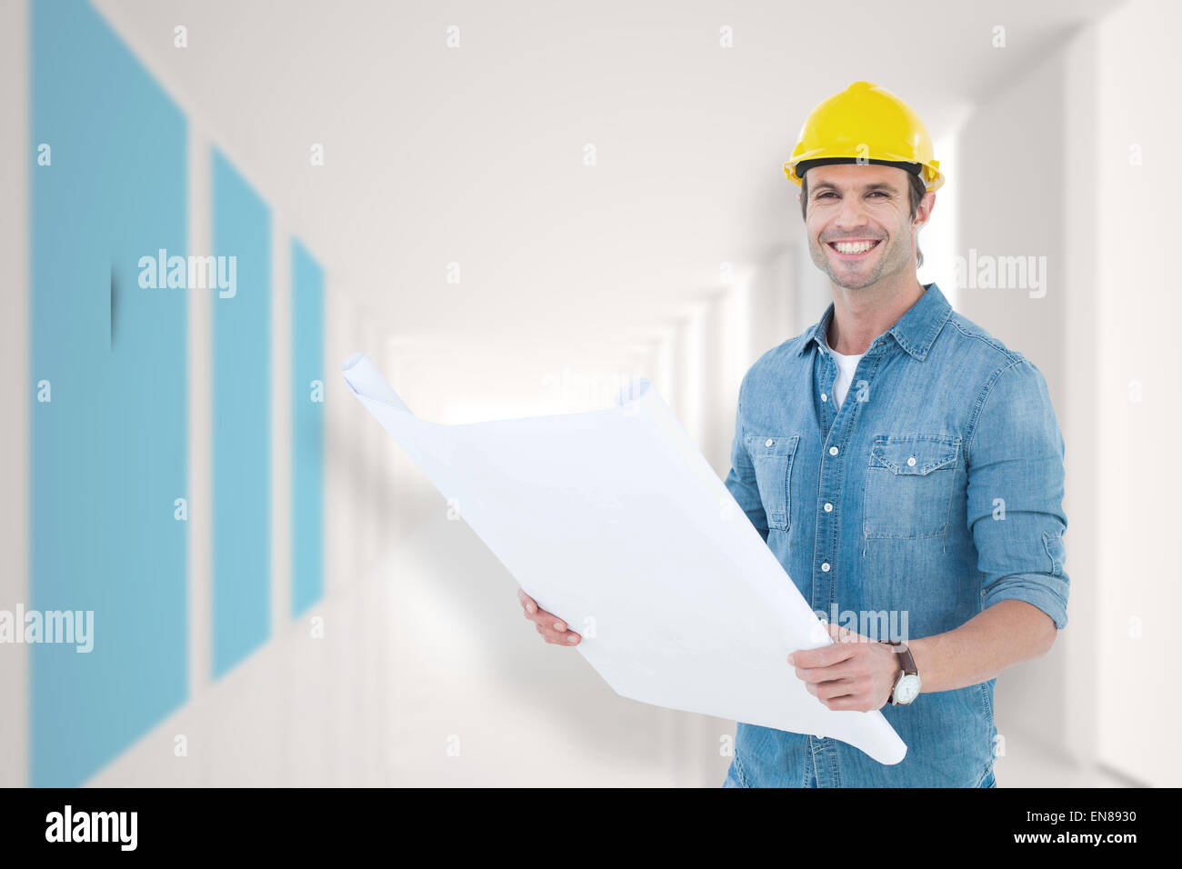 Composite image of happy architect holding blueprint in house Stock ...