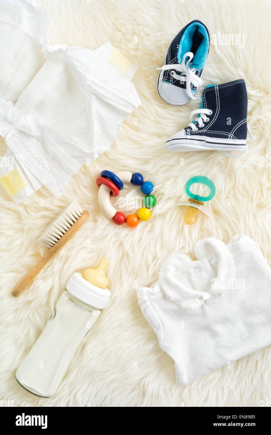 Collection of items for babies shot from above. Ideal website hero or ...