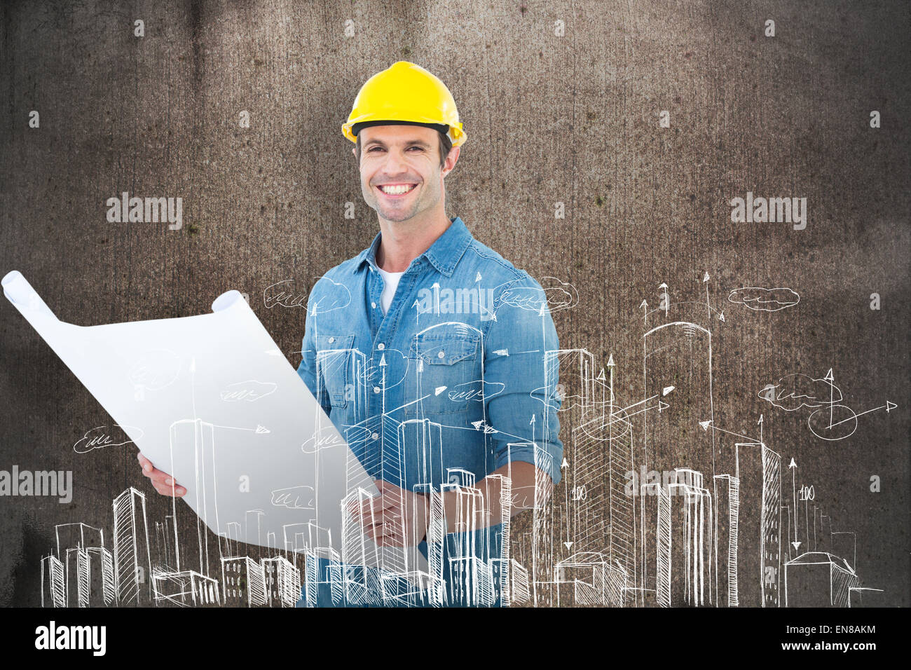 Composite image of happy architect holding blueprint in house Stock ...